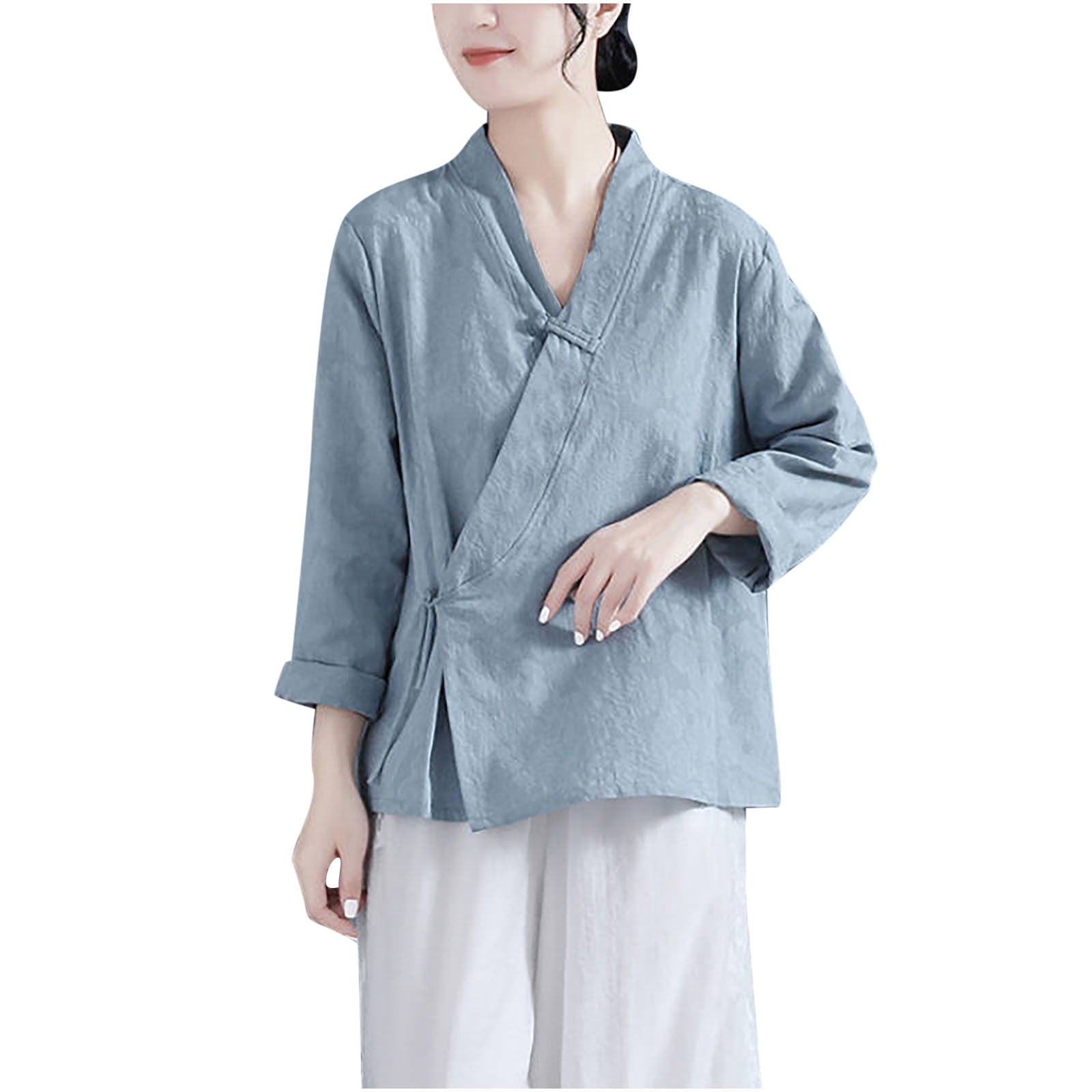 Dazajoo Women's Ramie Blouse Chinese Retro Long Sleeve Shirt Loose ...