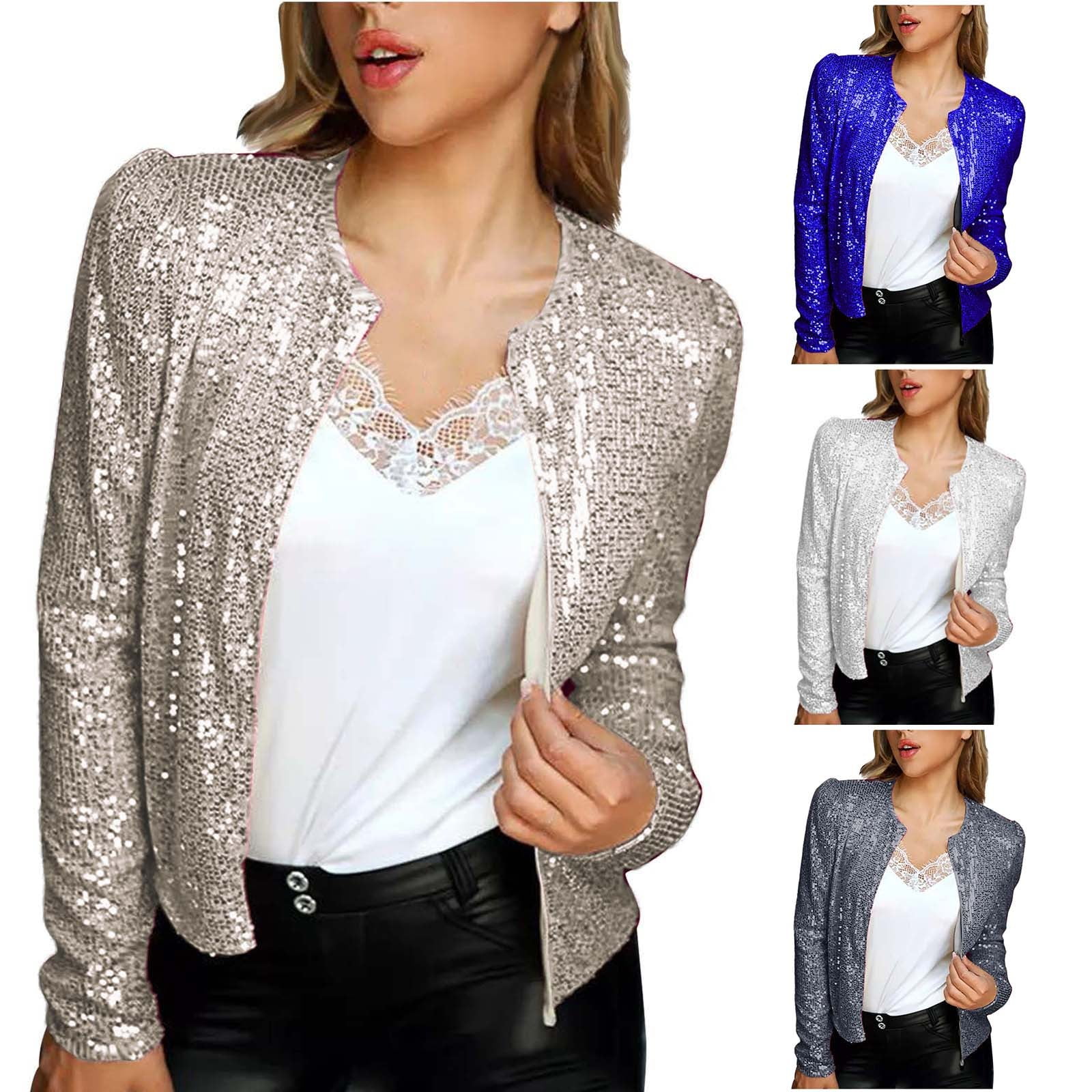 Dazajoo Women's Sequin Jacket Long Sleeve Bomber Jackets Blazer Open ...
