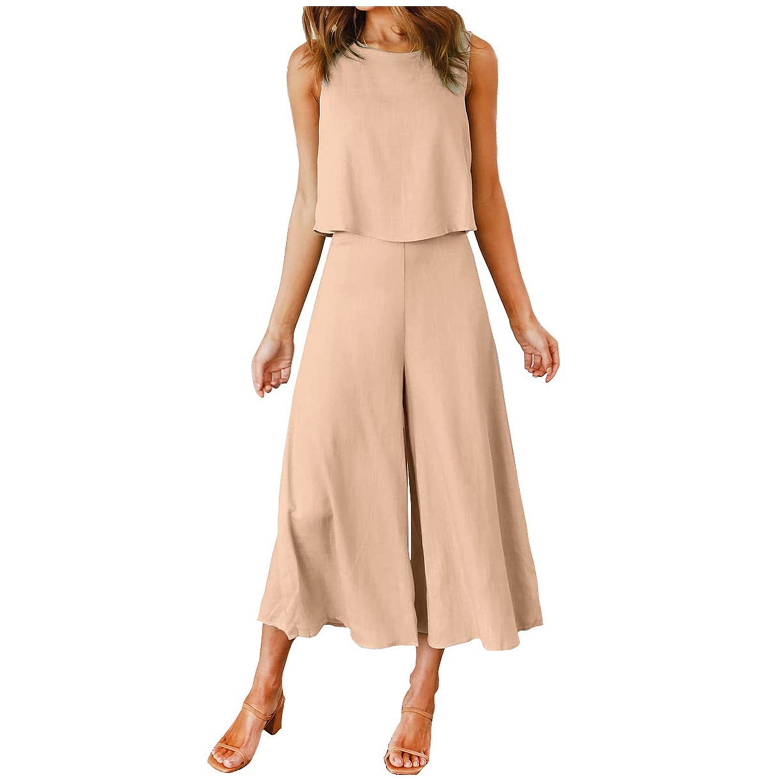 Dazajoo Women's Summer 2 Piece Outfits Crew Neck Sleeveless Crop Top ...