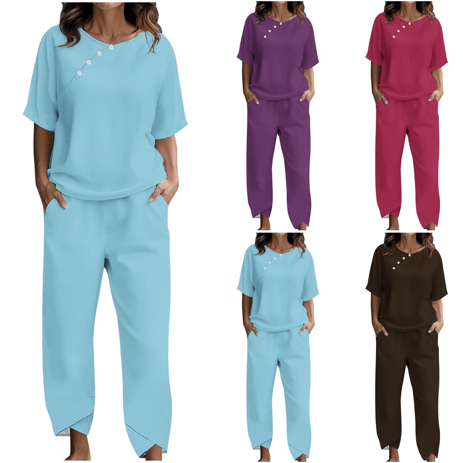 Dazajoo Women's Summer Linen Sets 2 Piece Half Sleeve Crew Neck Tops ...