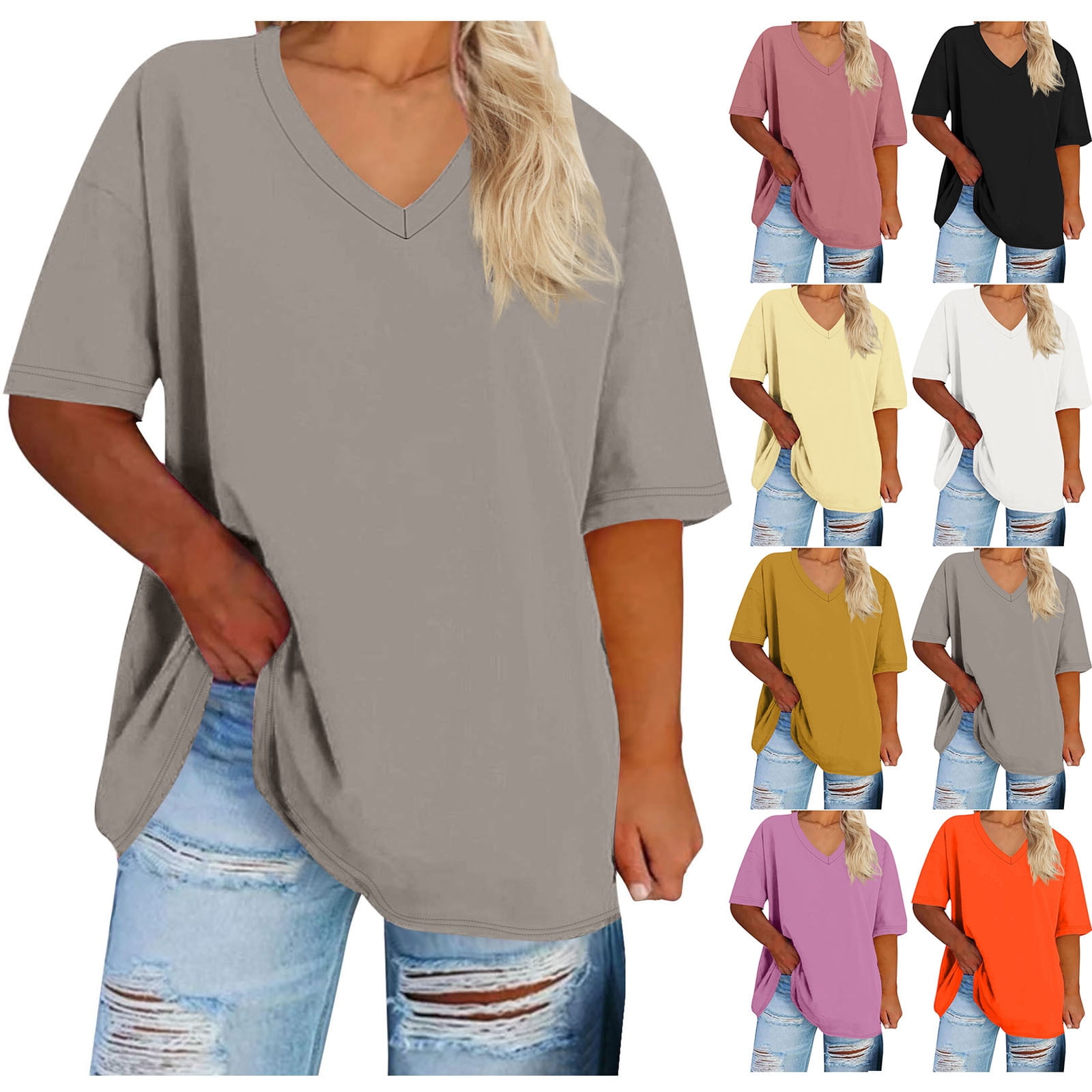 Dazajoo Women's Summer Short Sleeve Tops Casual V Neck Shirts Solid ...