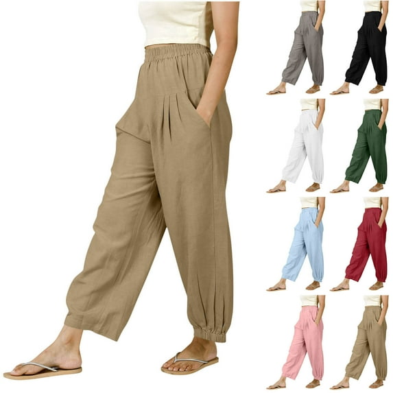 Dazajoo Women's Wide Leg Harem Pants with Pockets Elastic Waist Cotton ...