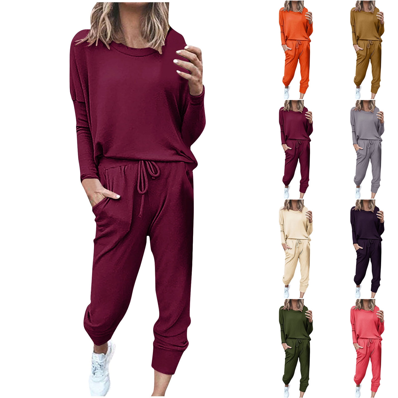 Dazajoo Womens 2 Piece Jogger Sets Outfits Classic Solid Color Outdoor Lounge Suits Casual Long ...