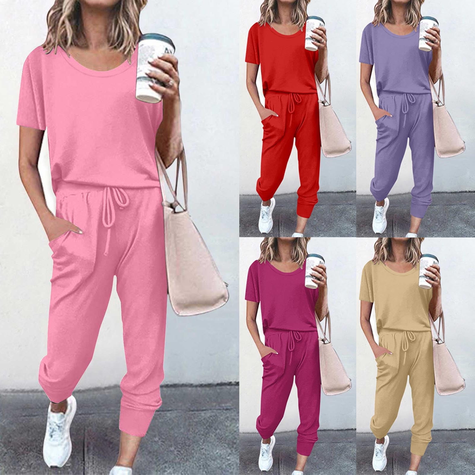 Dazajoo Womens 2 Piece Lounge Sets Summer Short Sleeve Round Neck T Shirt with Drawstring Pants ...