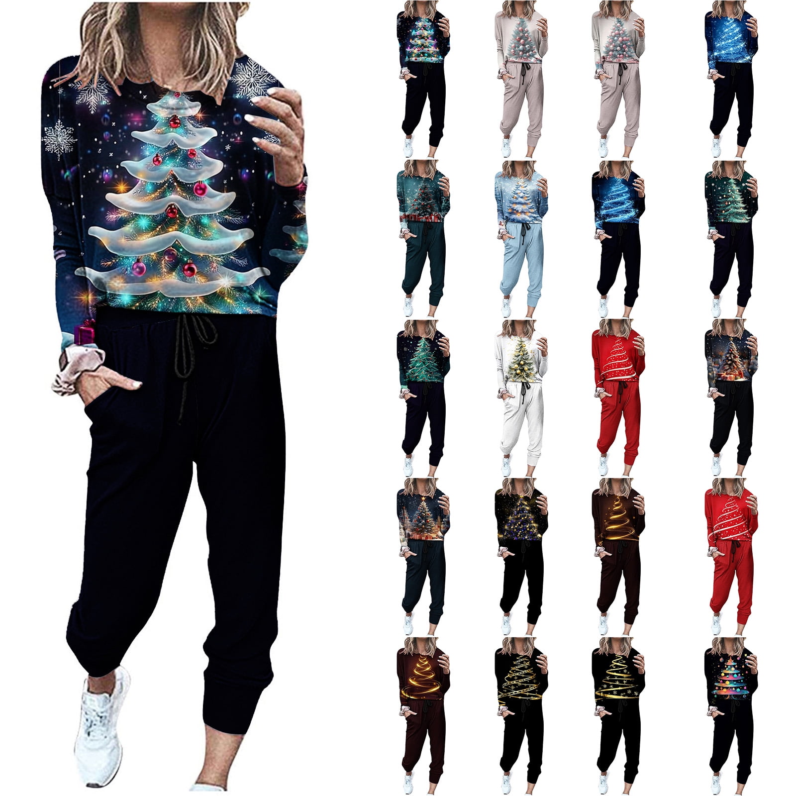 Dazajoo Womens 2 Piece Outfits Christmas Xmas Tree Long Sleeve Crew Neck Tops Matching ...
