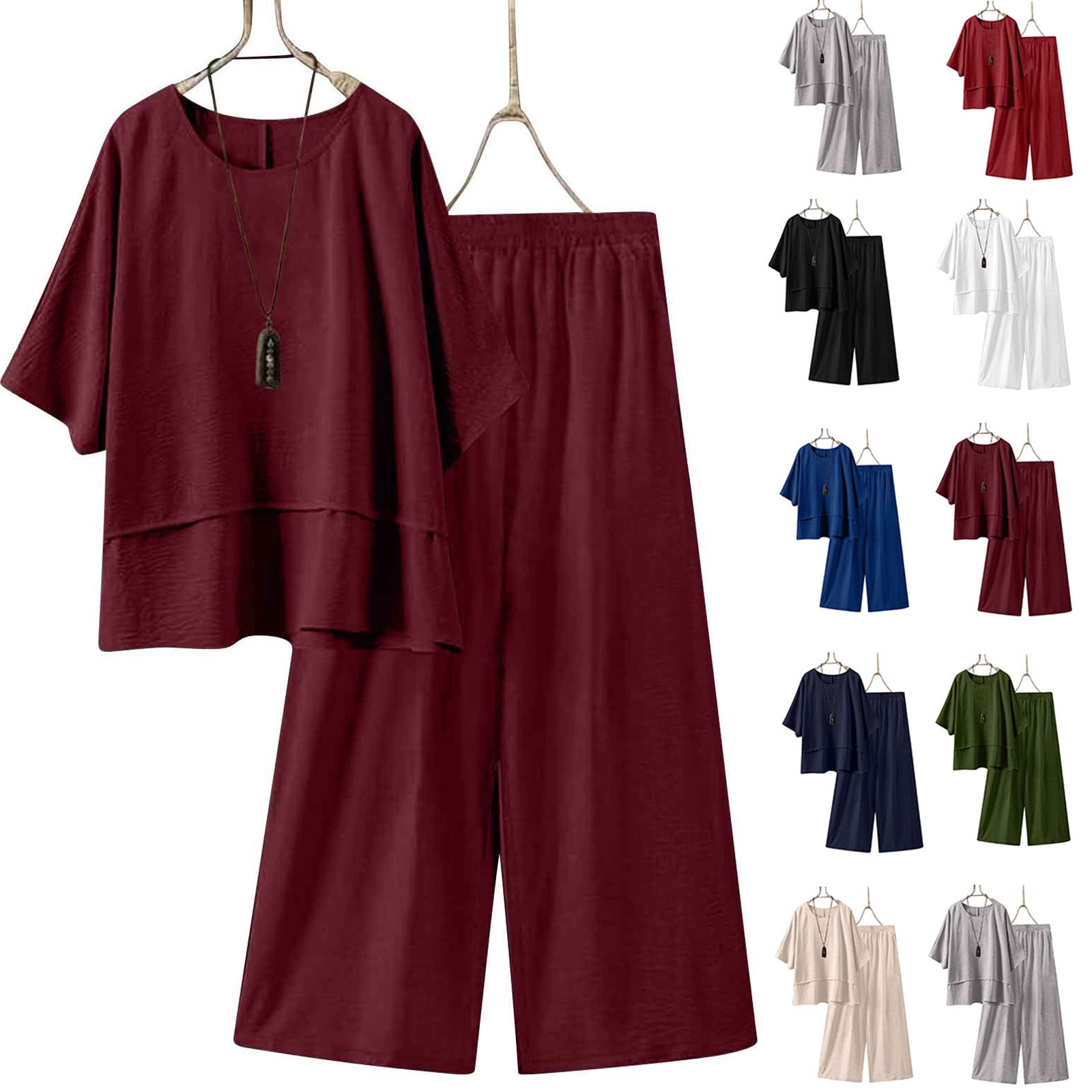 Dazajoo Womens 2 Piece Outfits Lounge Set 3/4 Batwing Sleeve Crew Neck Shirts Matching Wide Leg ...