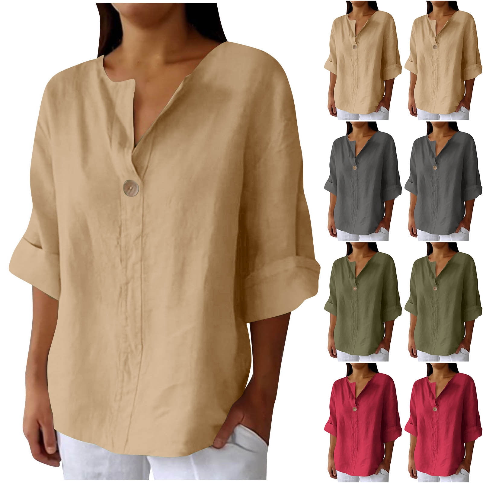 Dazajoo Womens 3/4 Sleeve Linen Tops and Blouses Casual V Neck Button Shirts Summer Solid Color ...