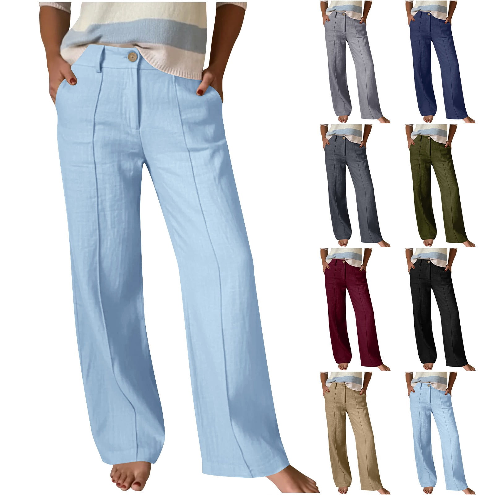 Dazajoo Womens Casual High Waist Straight Leg Pants Stretchy Button ...