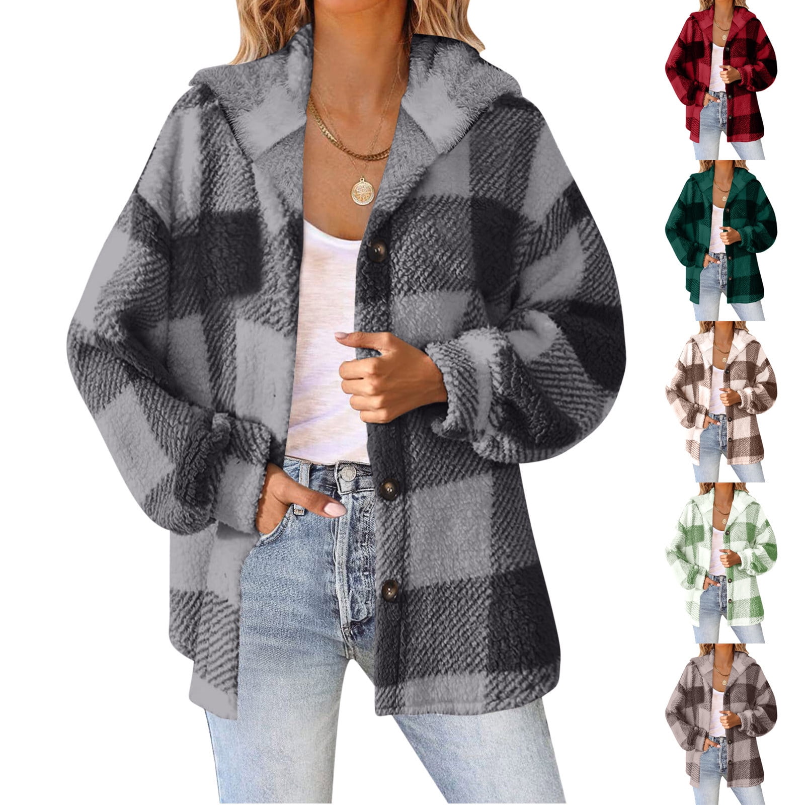 Dazajoo Womens Casual Plaid Button Down Warm Plush Hooded Jacket Fall ...