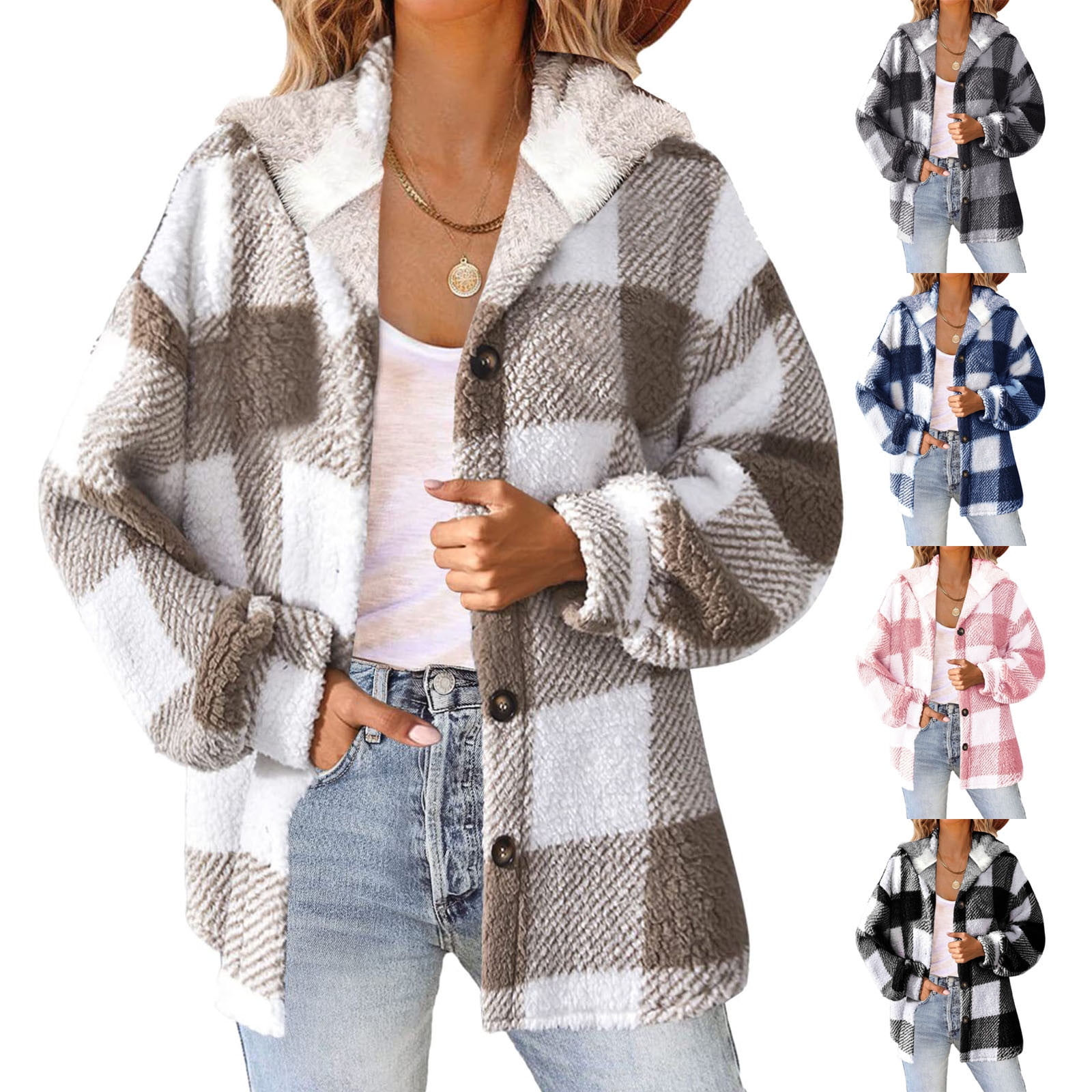 Dazajoo Womens Casual Plaid Button Down Warm Plush Hooded Jacket Fall ...