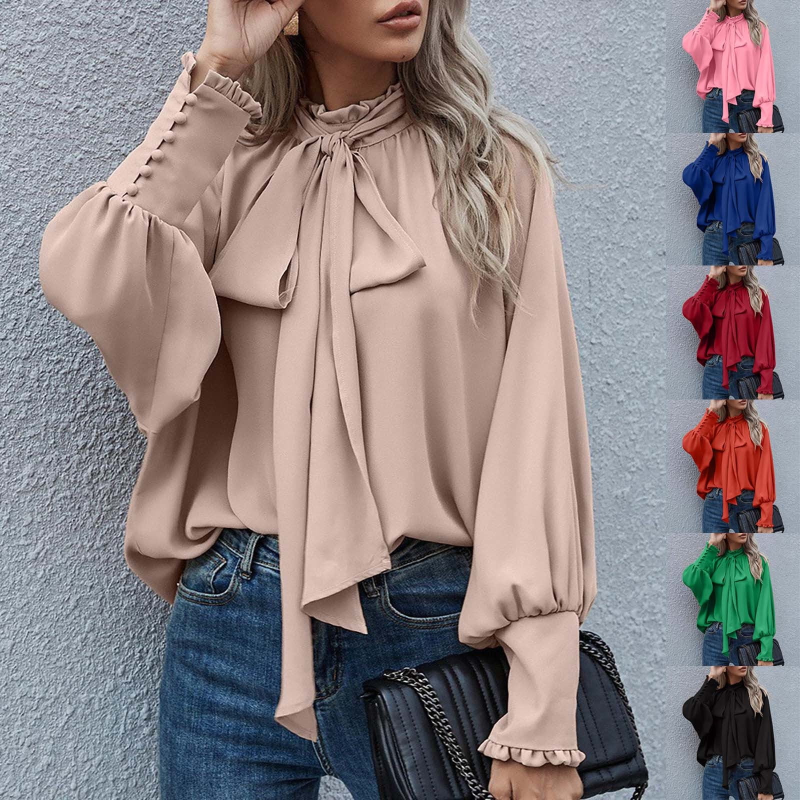 Dazajoo Womens Chiffon Long Sleeve Blouses Casual Long Sleeve Solid ...