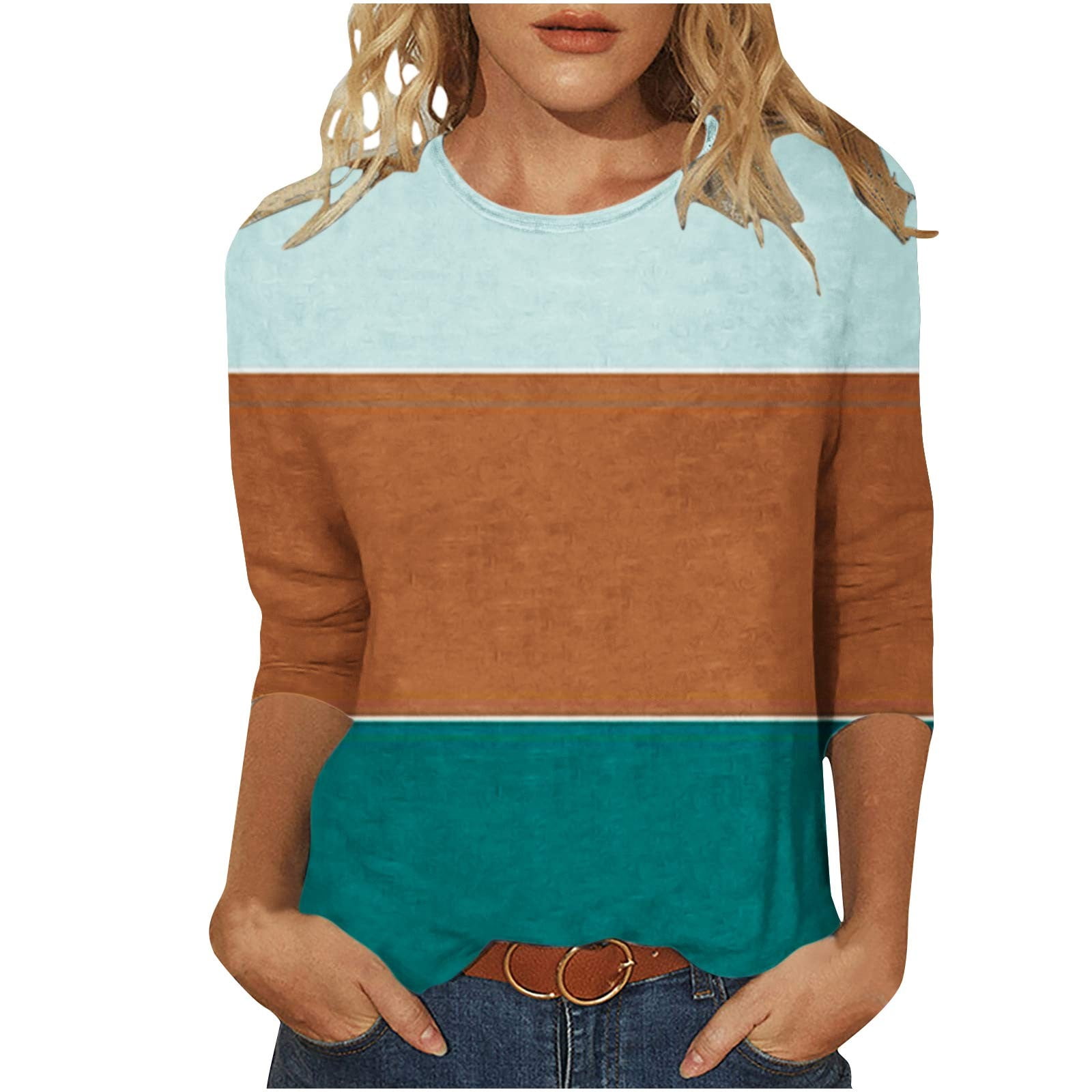 Dazajoo Womens Color Block T Shirts 3/4 Sleeves Plus Size Tops Casual ...