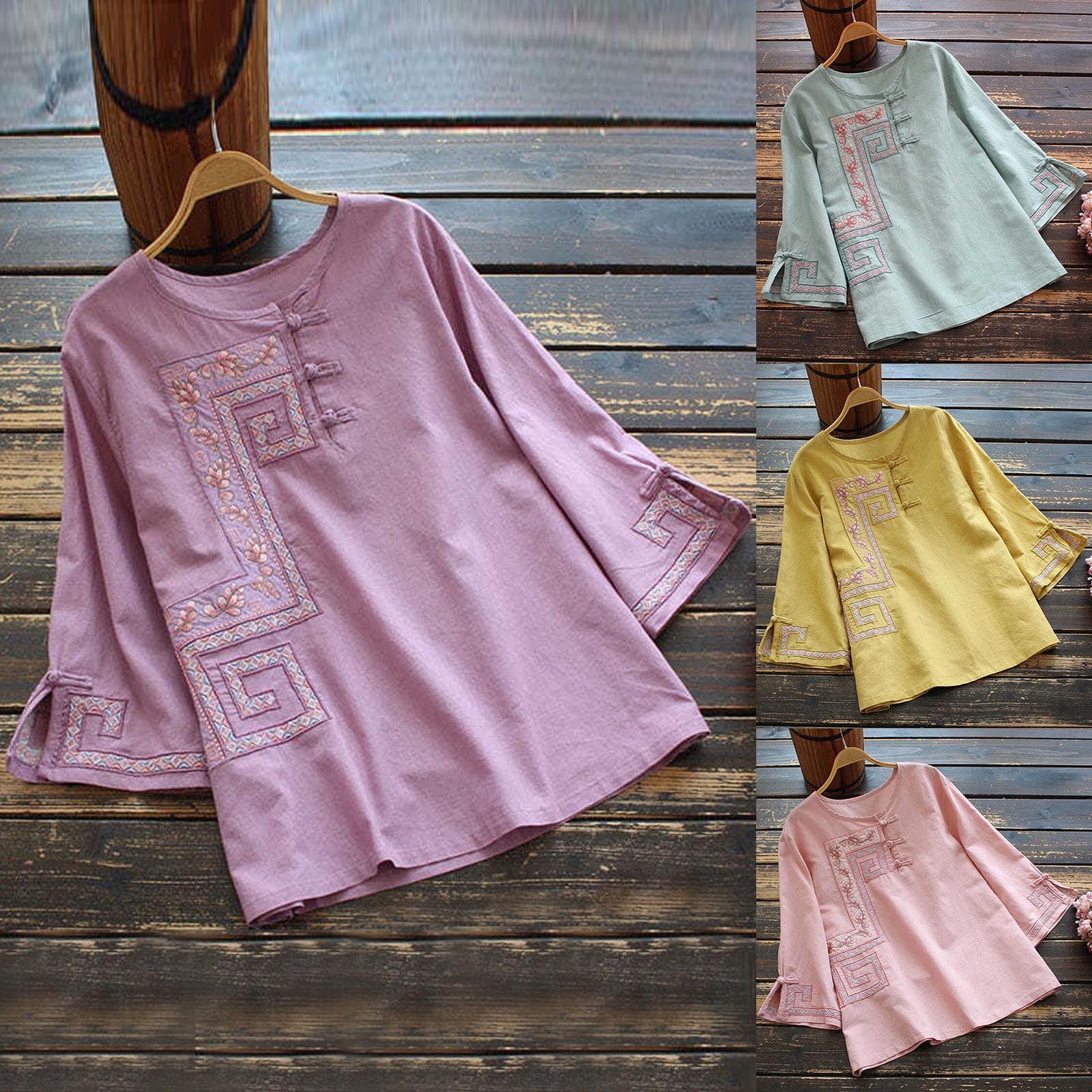 Dazajoo Womens Cotton Linen Shirts Half Sleeve Traditional Chinese ...