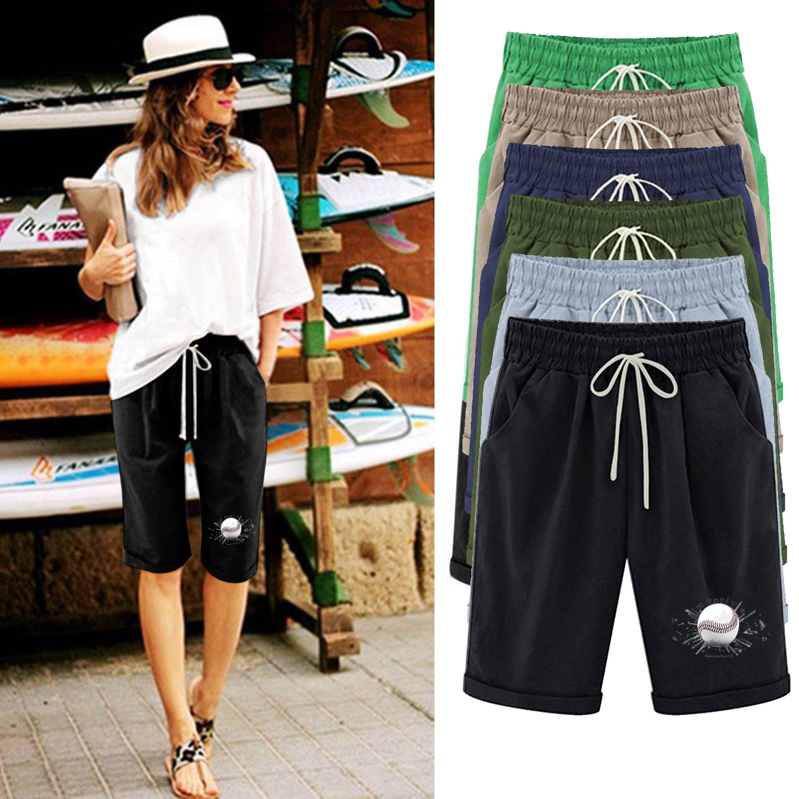 Dazajoo Womens Cotton Linen Shorts Trendy Baseball Printed Drawstring ...