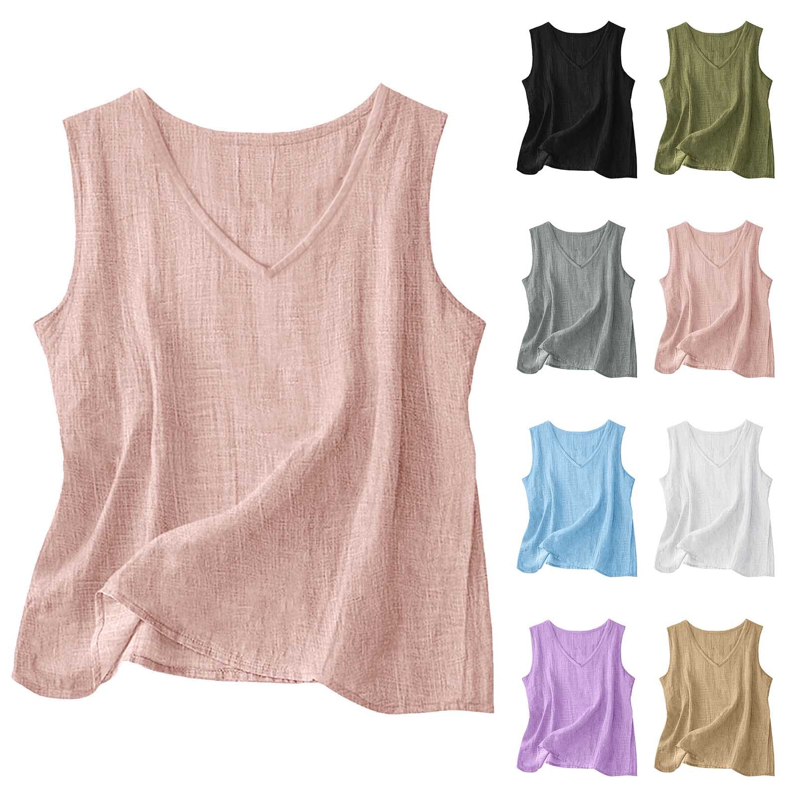 Dazajoo Womens Cotton Linen Tank Tops Dressy Causal V Neck Sleeveless ...
