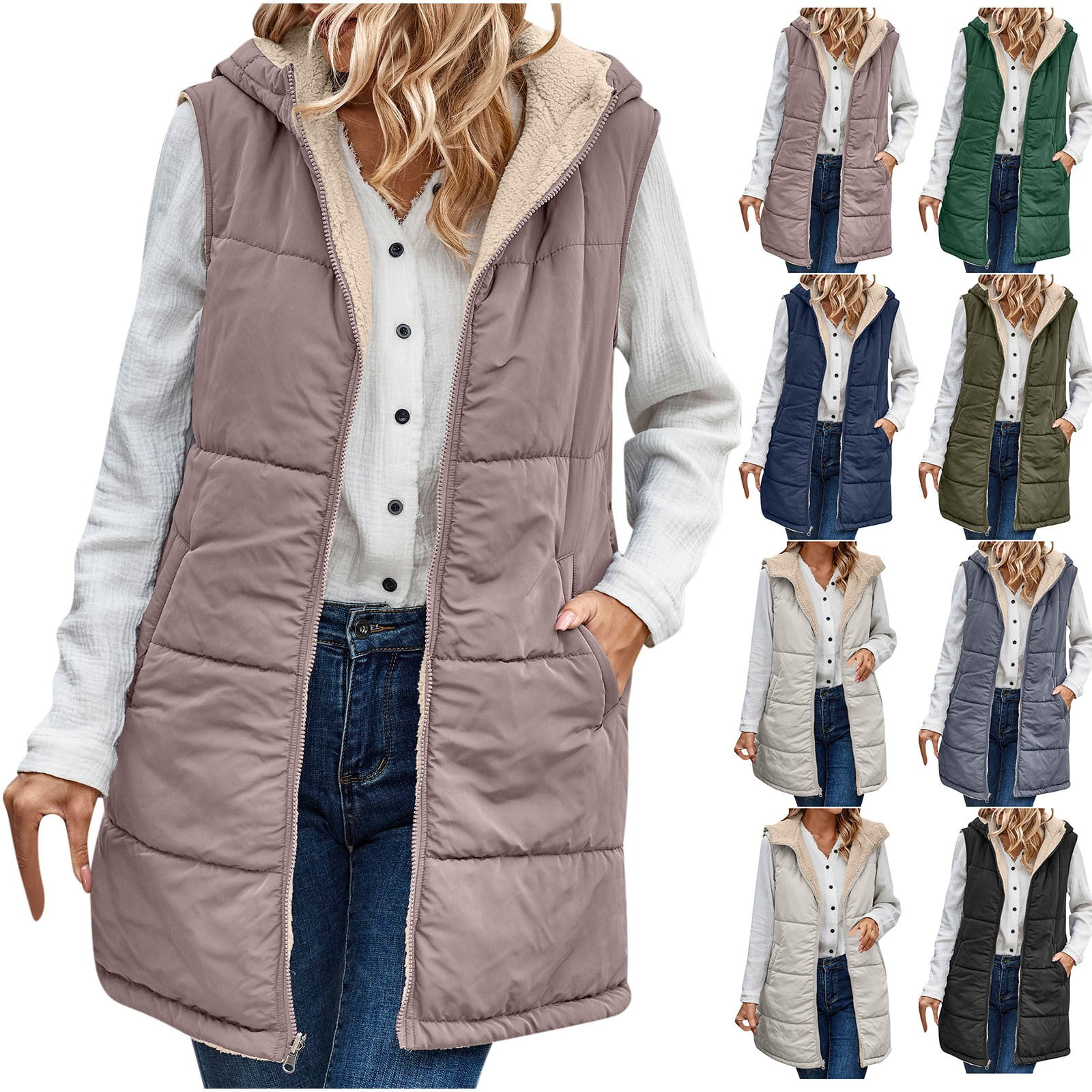Dazajoo Womens Fall Reversible Vests Sleeveless Fleece Jacket Zip Up ...