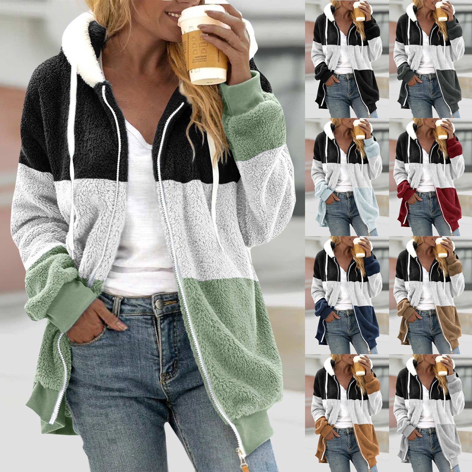 Dazajoo Womens Fuzzy Fleece Jacket Full Zip Plush Hooded Jackets Color ...