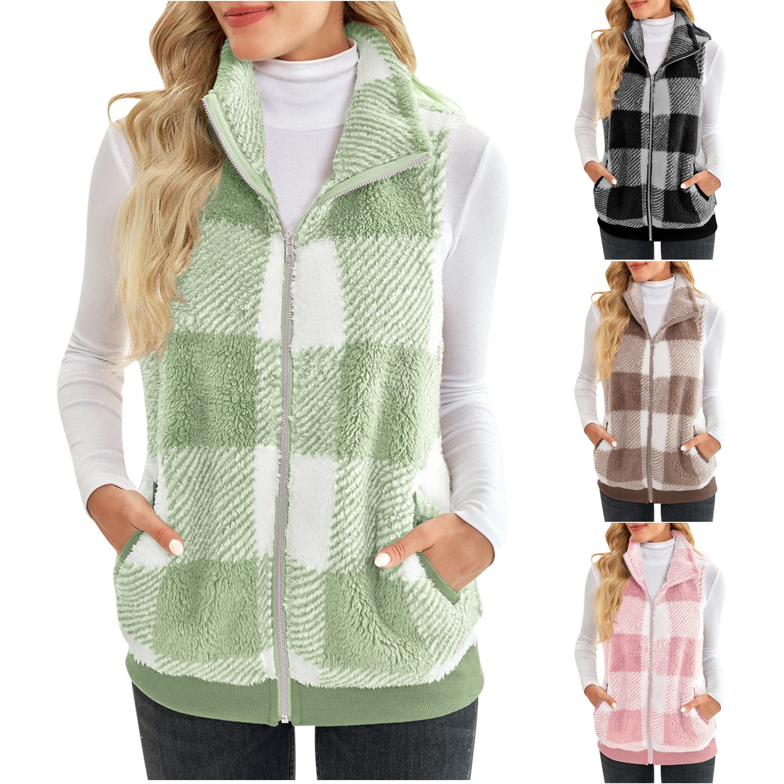 Dazajoo Womens Fuzzy Fleece Plaid Vest Sleeveless Zip Up Sherpa Flannel ...