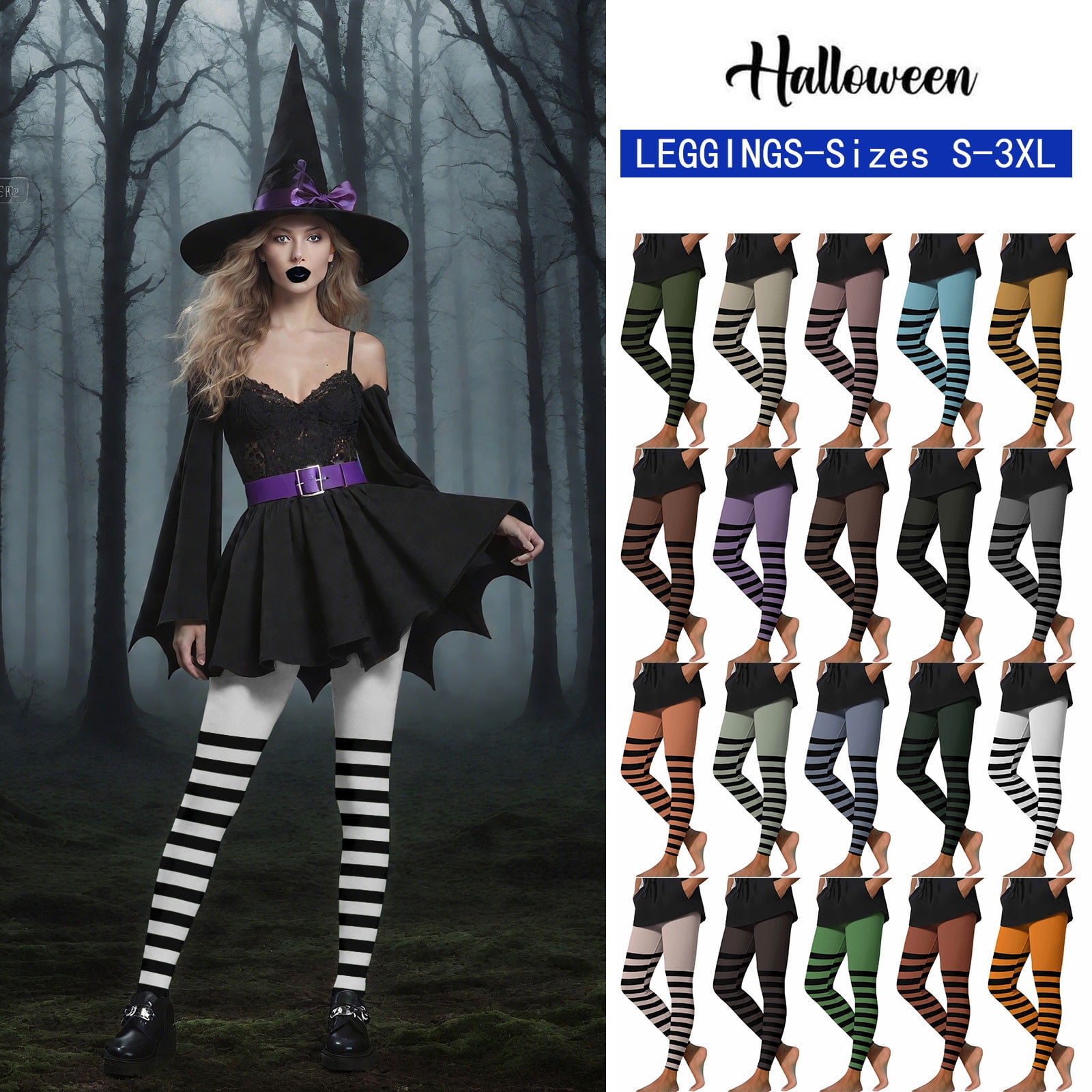Dazajoo Womens Halloween Witch Striped Leggings High Waisted Full ...