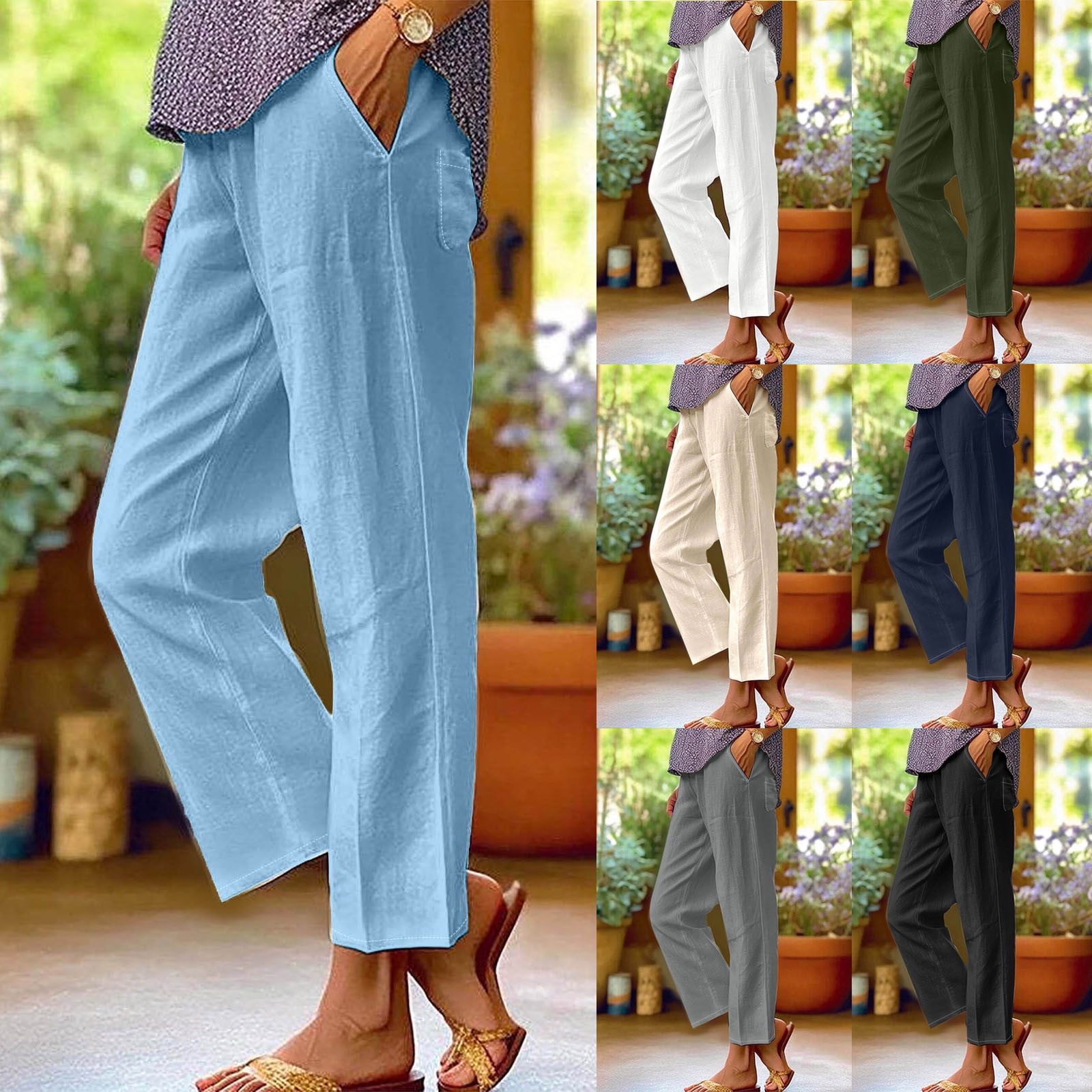 Dazajoo Womens Linen Pants with Pockets Straight Leg Elastic High ...