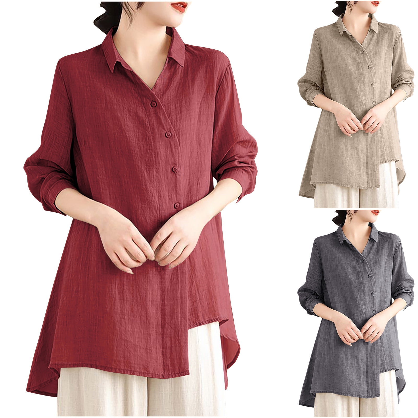 Dazajoo Womens Linen Summer Tops Long Sleeve Lapel Button Down Blouse ...