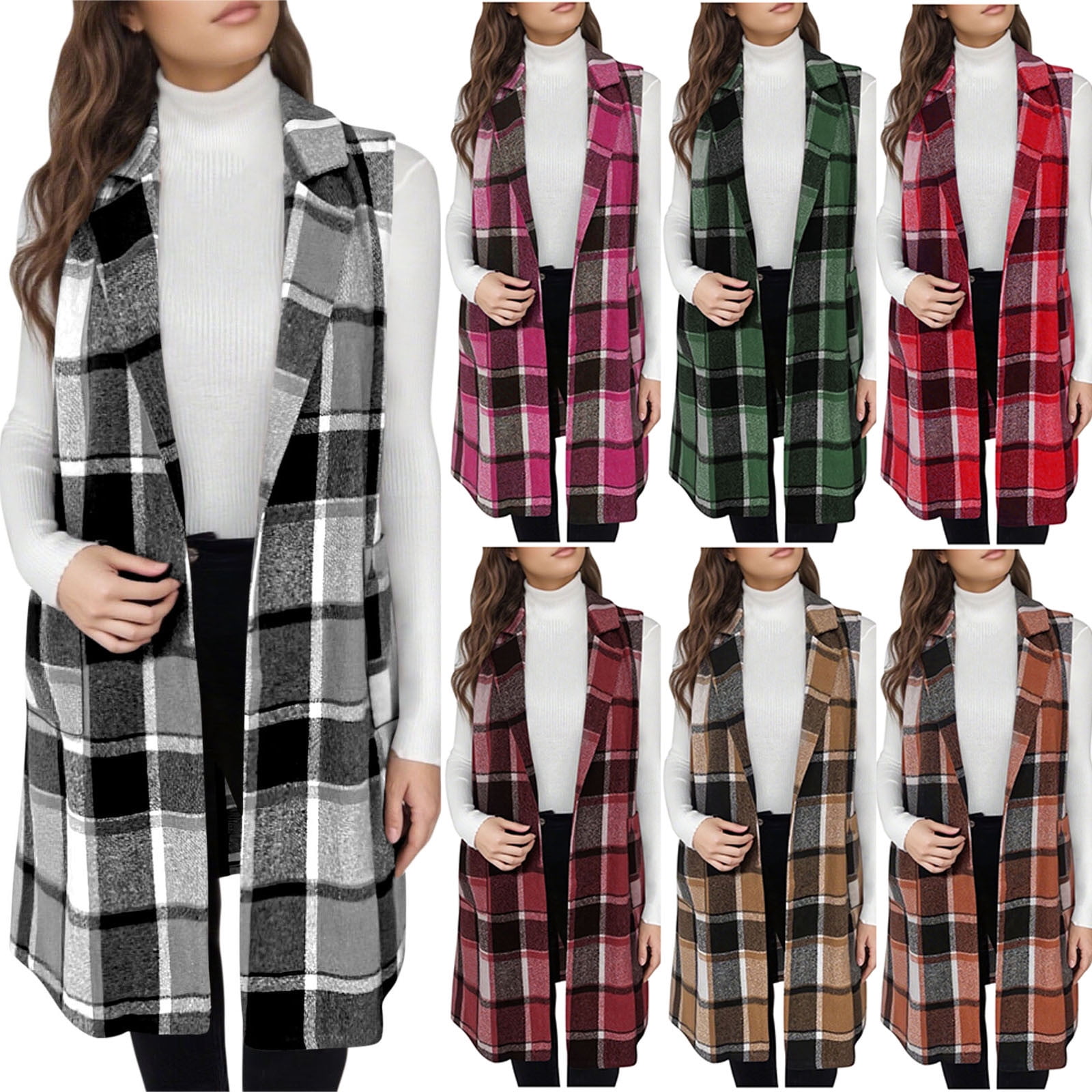 Dazajoo Womens Plaid Long Vests Open Front Sleeveless Cardigan ...