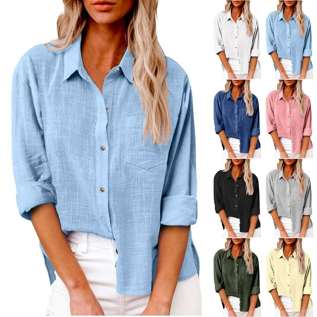 Dazajoo Womens Plus Size Button Down Shirt Long Sleeve Cotton Linen Blouses Summer Solid Color ...