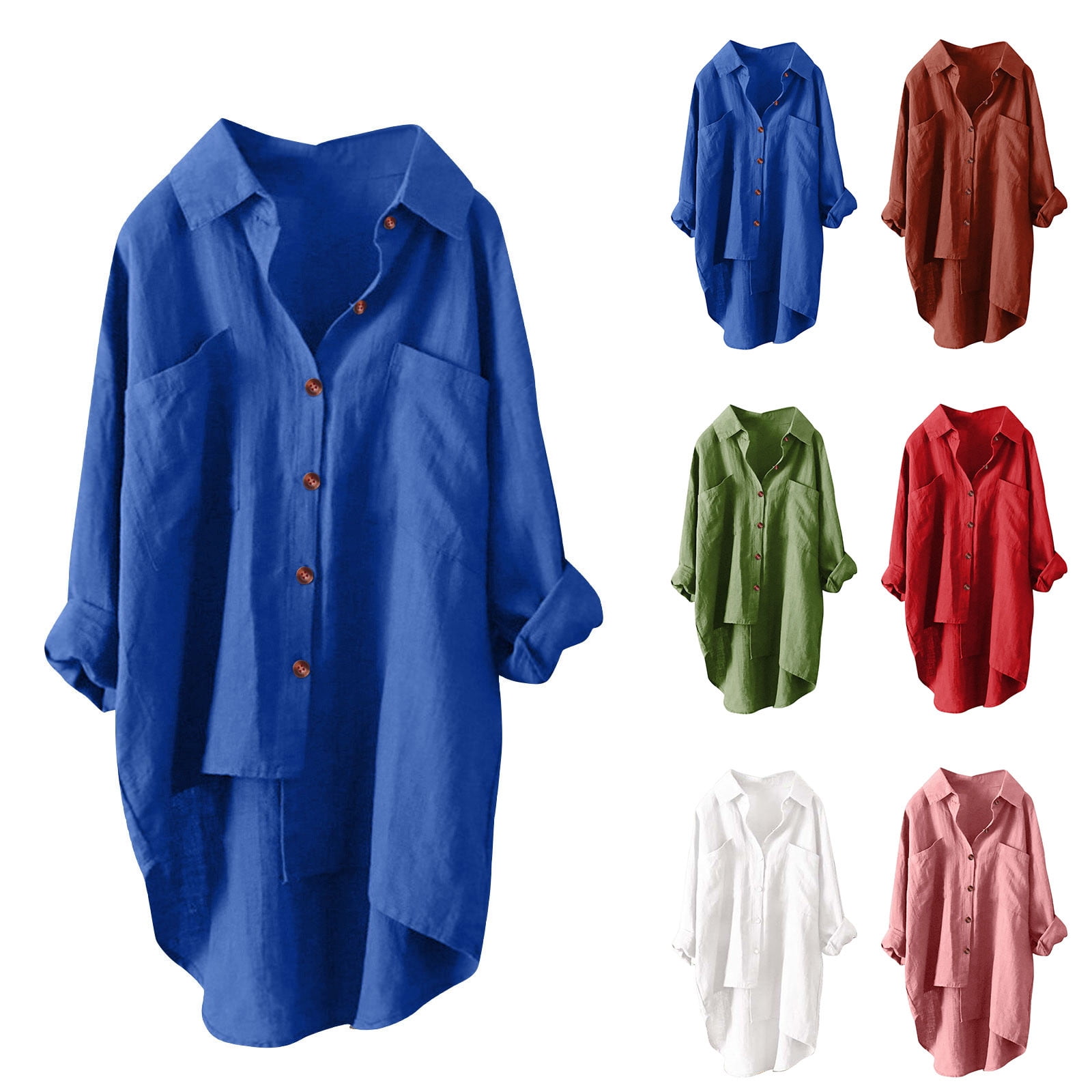 Dazajoo Womens Plus Size Button Down Shirts Loose Fit Solid Color Long ...