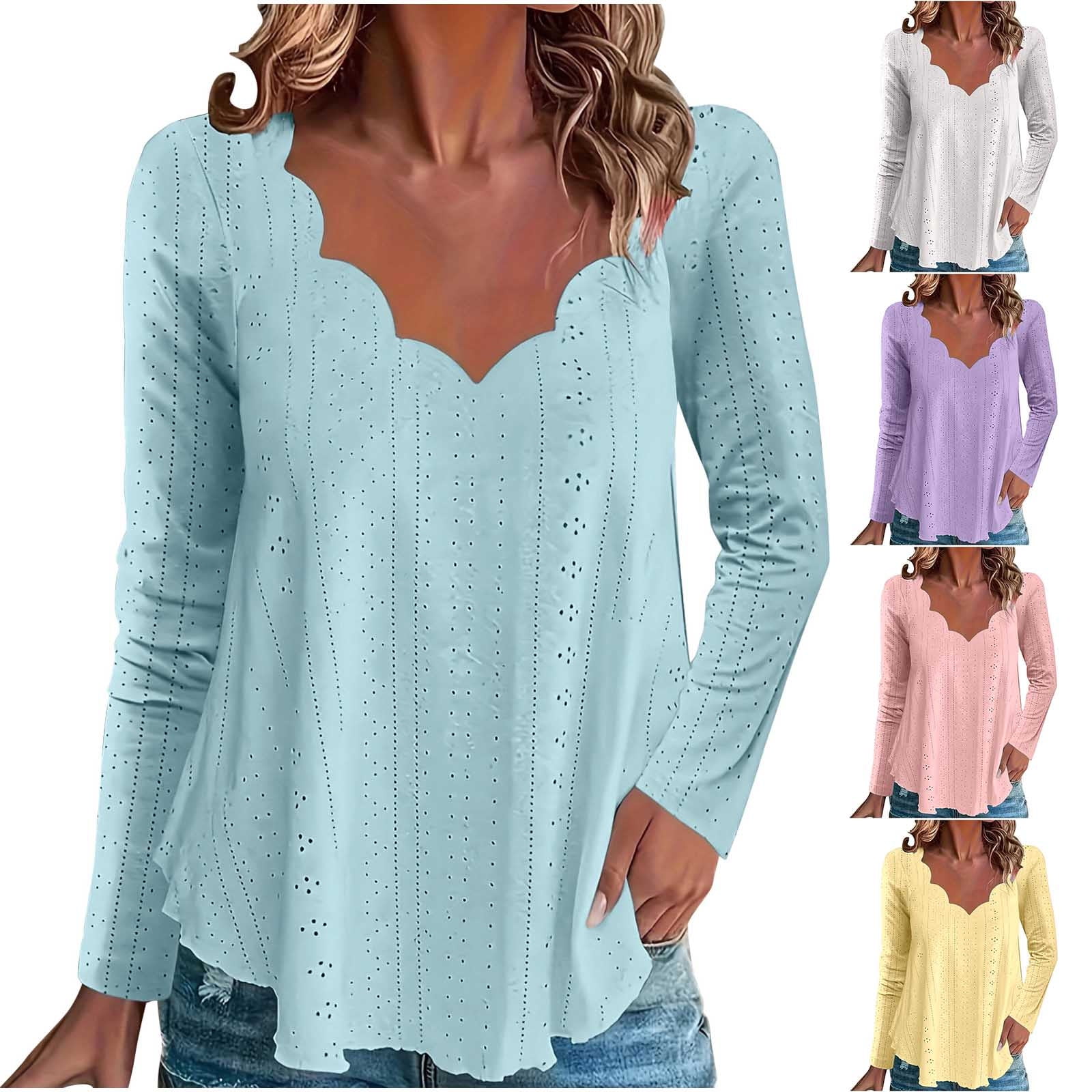 Dazajoo Womens Plus Size Eyelet Tops Lightweight Casual Solid Color V ...