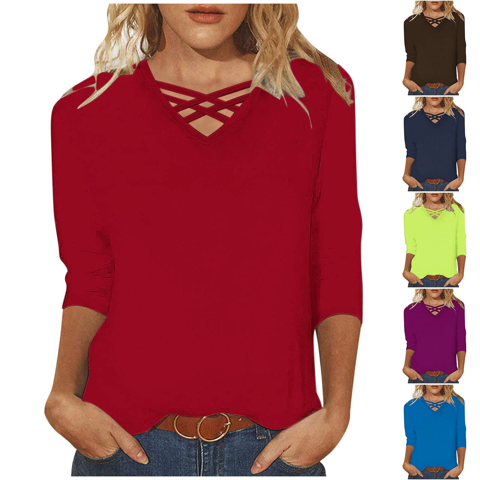 Dazajoo Womens Plus Size Solid Color Blouses Dressy Trendy V Neck Cross ...