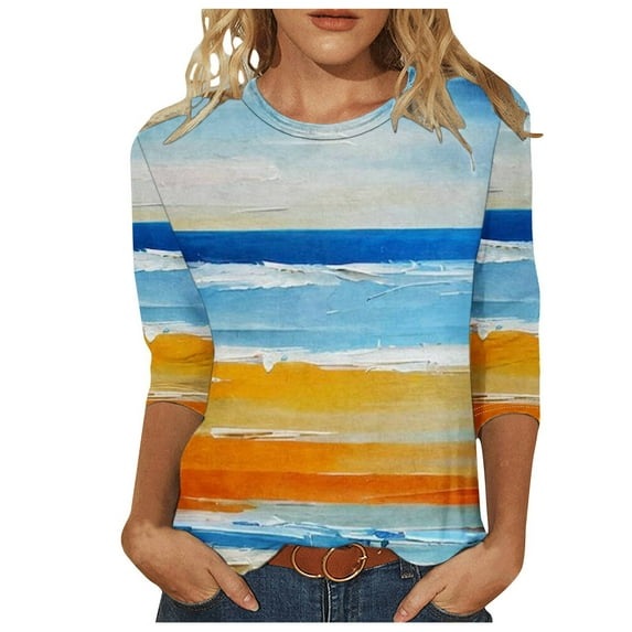 Dazajoo Womens Plus Size Striped Shirts Summer Round Neck 3/4 Sleeve ...