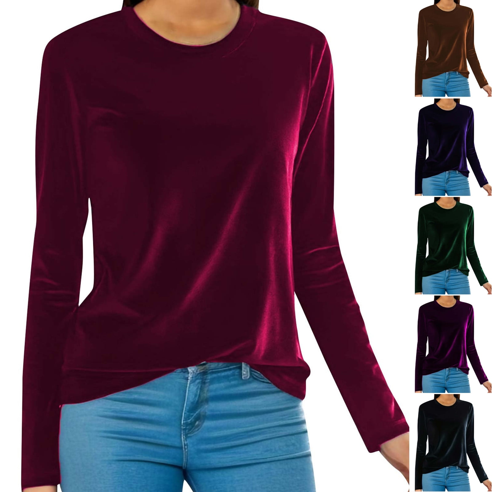 Dazajoo Womens Plus Size Velvet Top Long Sleeve Round Neck Elegant ...