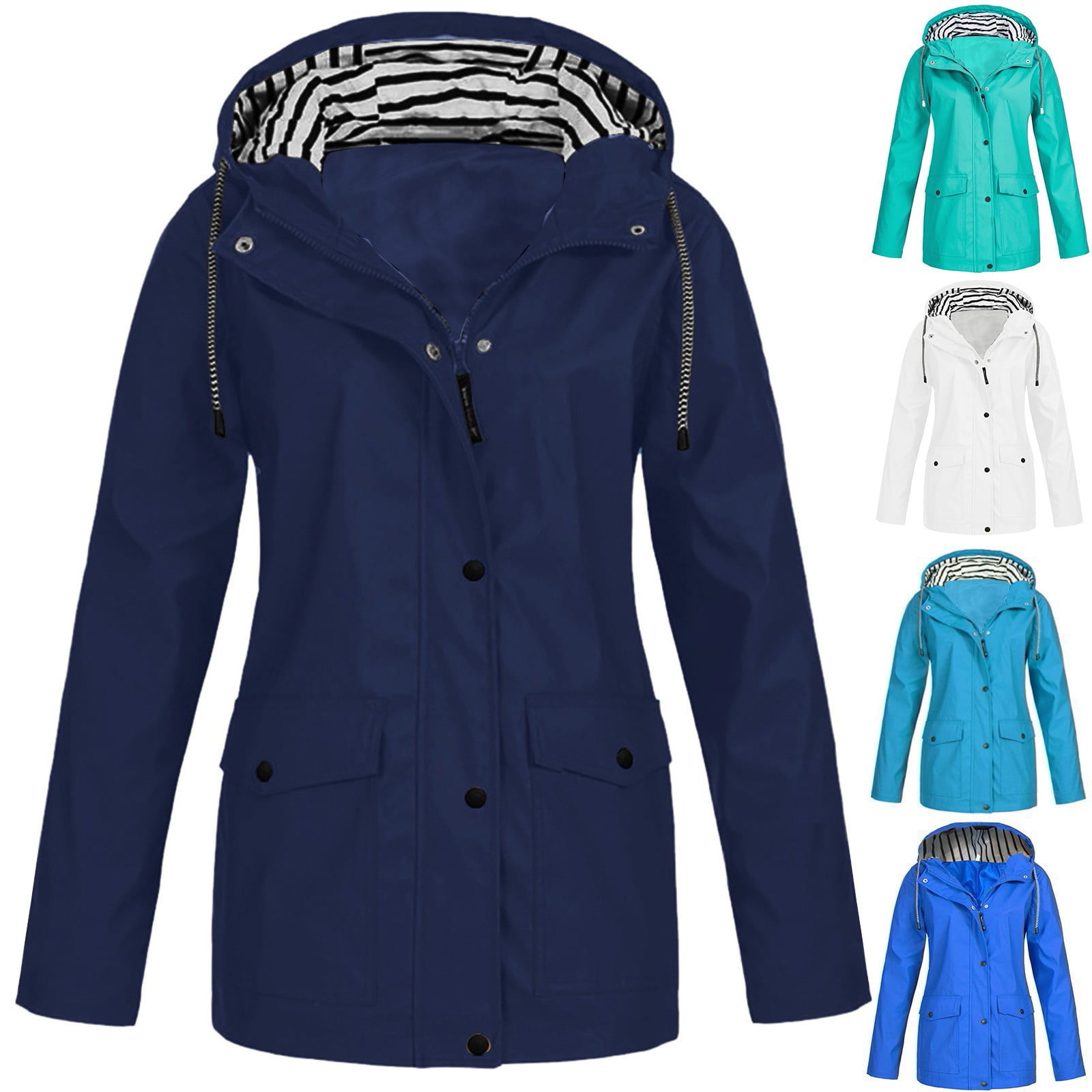 Dazajoo Womens Rain Coats Waterproof with Hood Plus Size Zip Up Striped ...