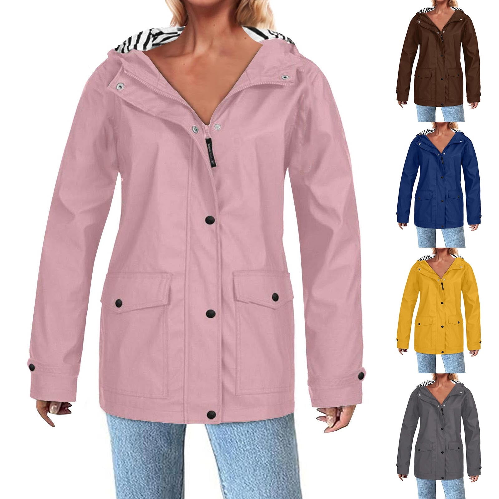 Dazajoo Womens Rain Jacket with Hood Waterproof Striped Lined Rain Coat ...