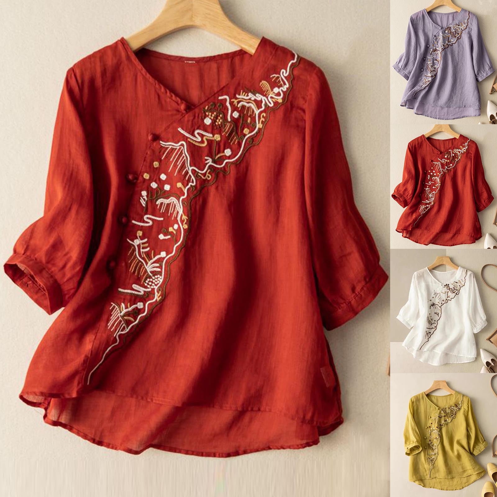 Dazajoo Womens Retro Chinese Hanfu Tops Half Sleeve Traditional Blouse ...