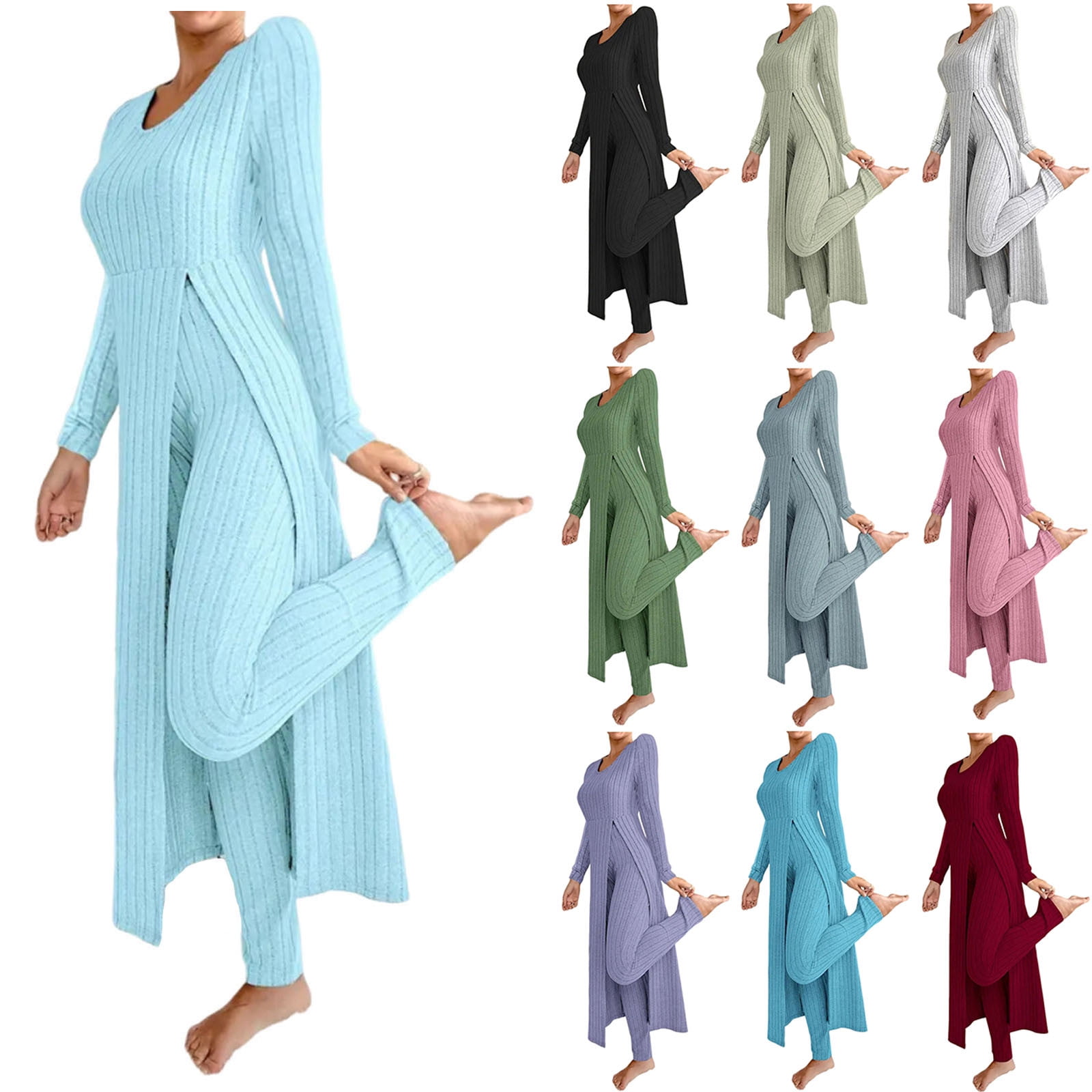 Dazajoo Womens Ribbed Knit Lounge Set Long Sleeve Side High Slit Tunics ...