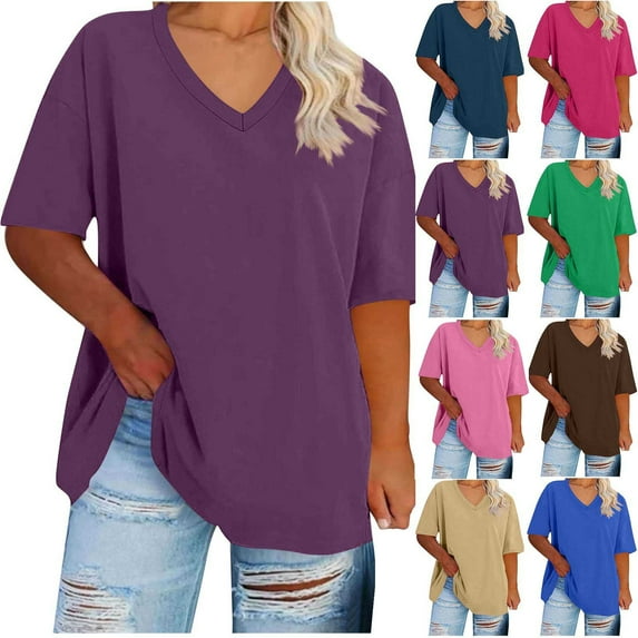 Dazajoo Womens Short Sleeve Tops Casual V Neck Shirts Summer Solid ...