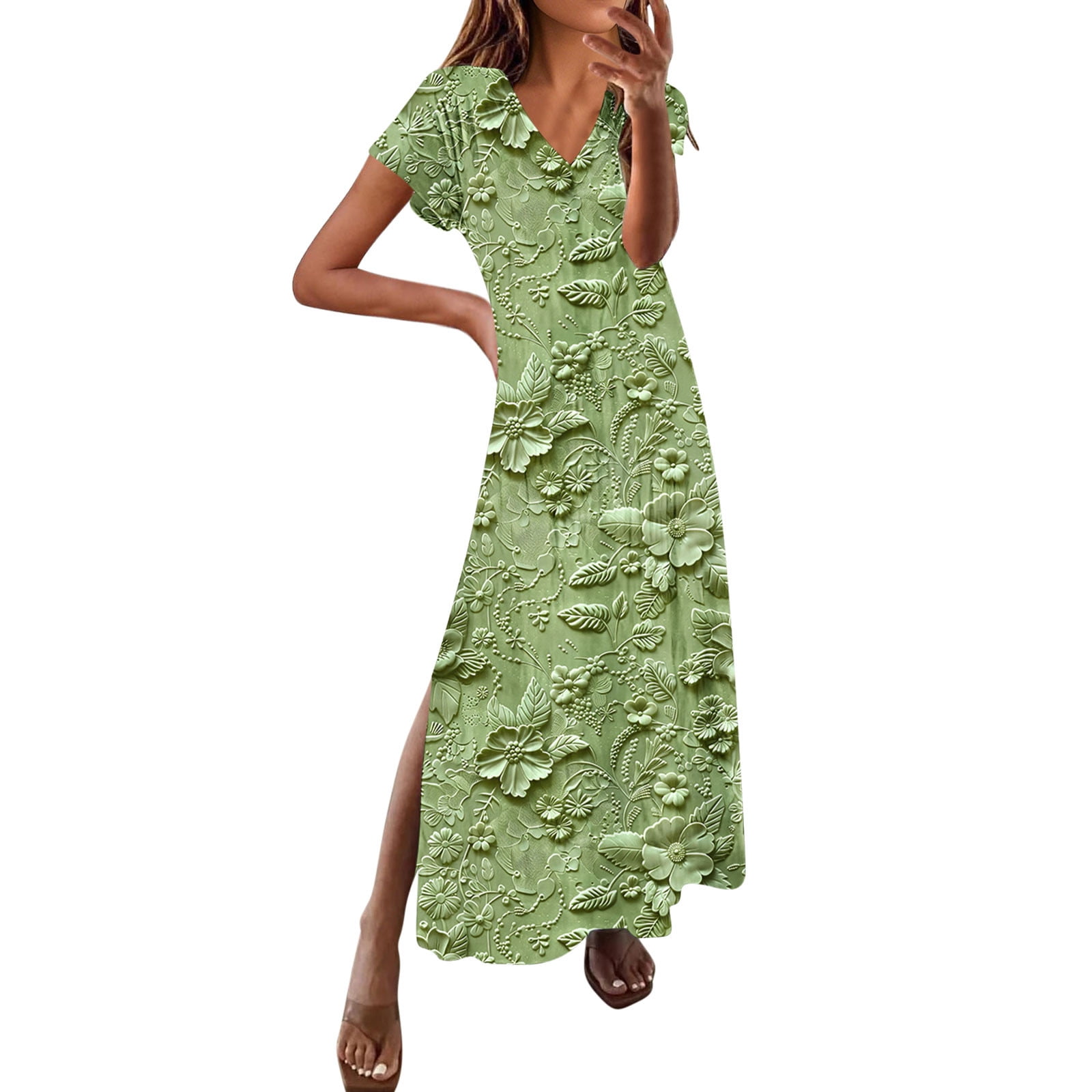 Dazajoo Womens Side Slit Summer Dress V Neck Boho Floral Dresses Short ...