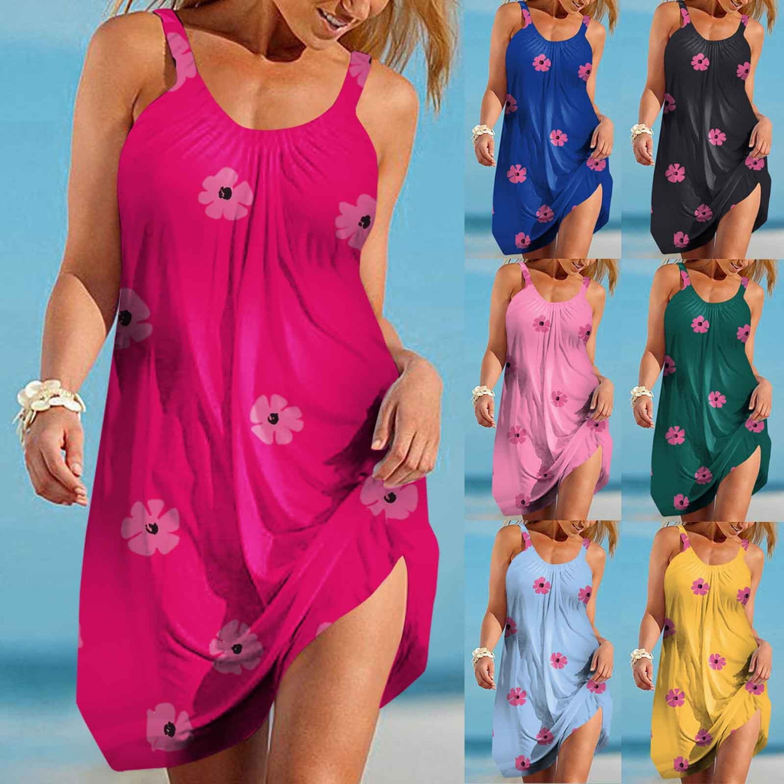 Dazajoo Womens Summer Dresses Loose Fit Casual Scoop Neck Sleeveless Midi Dress Cute Boho Floral ...