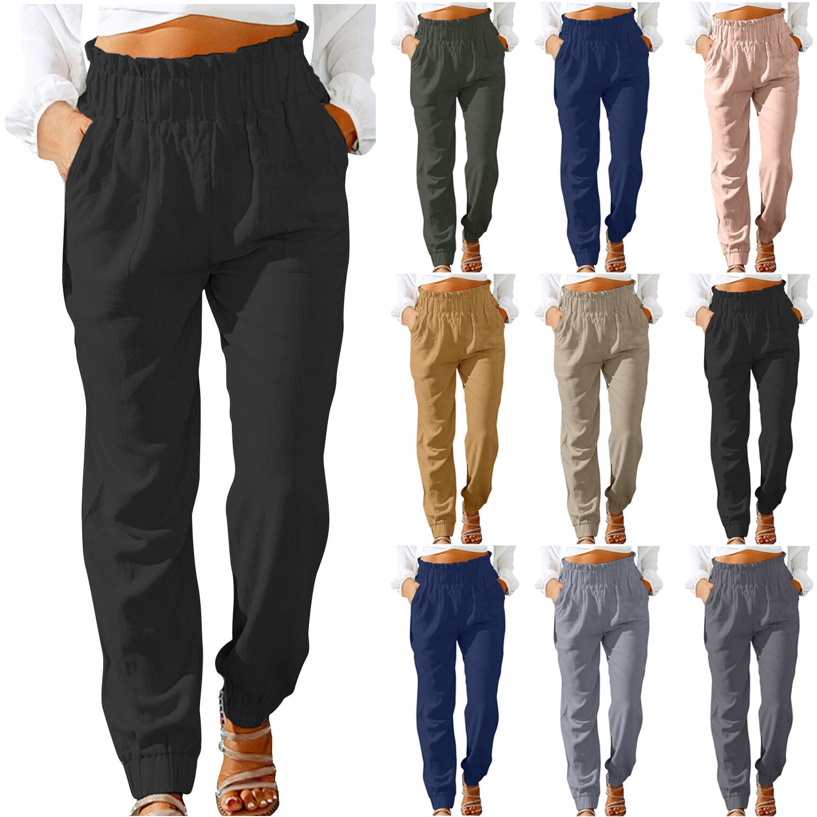 Dazajoo Womens Summer Pants Clearance Sale Cotton Linen Elastic Waist ...