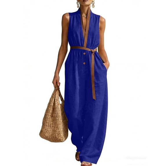 Dazajoo Womens Summer Sleeveless Jumpsuits Solid Color Straight Leg ...