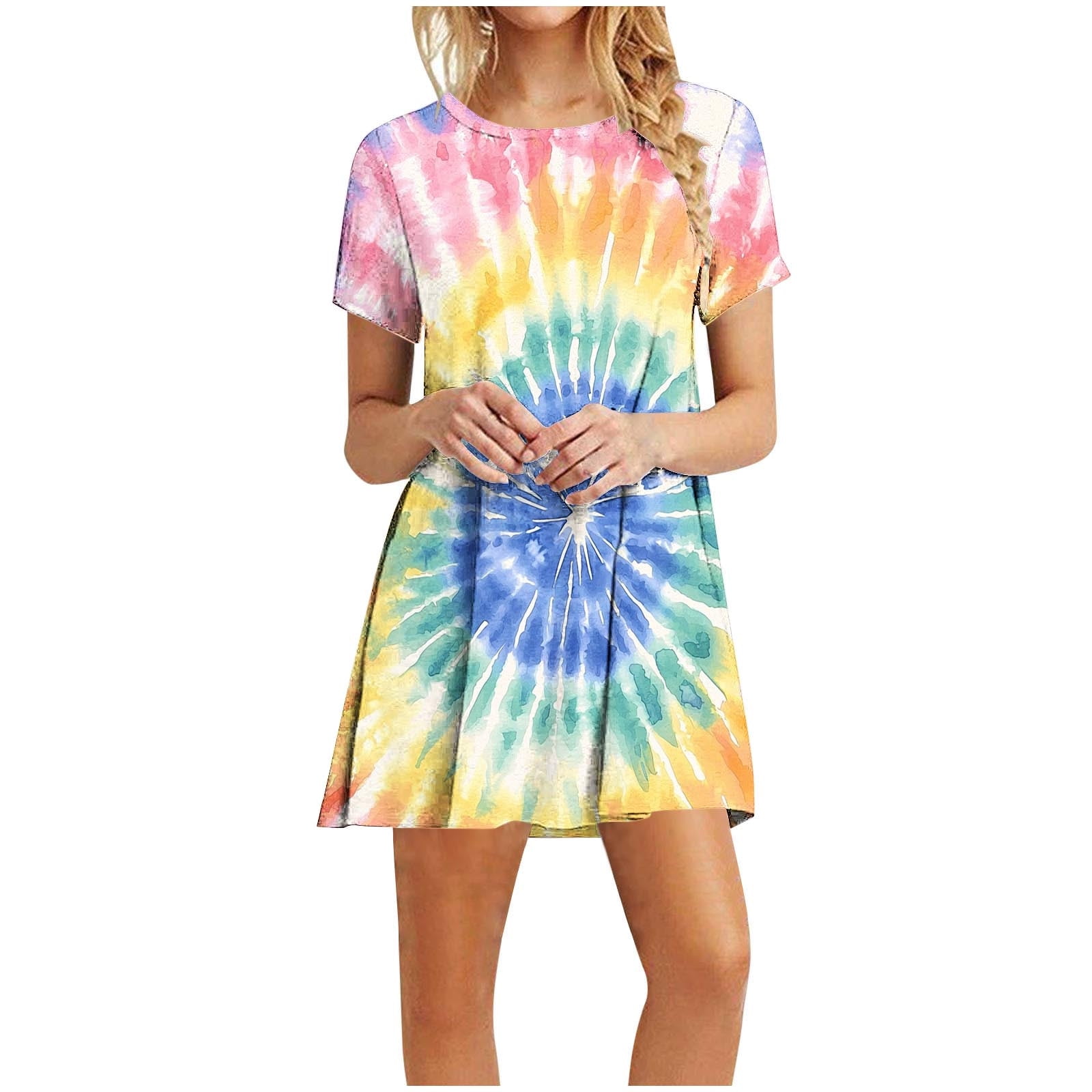 Dazajoo Womens Tie Dye Dress Short Sleeve Crewneck Sundresses Summer ...