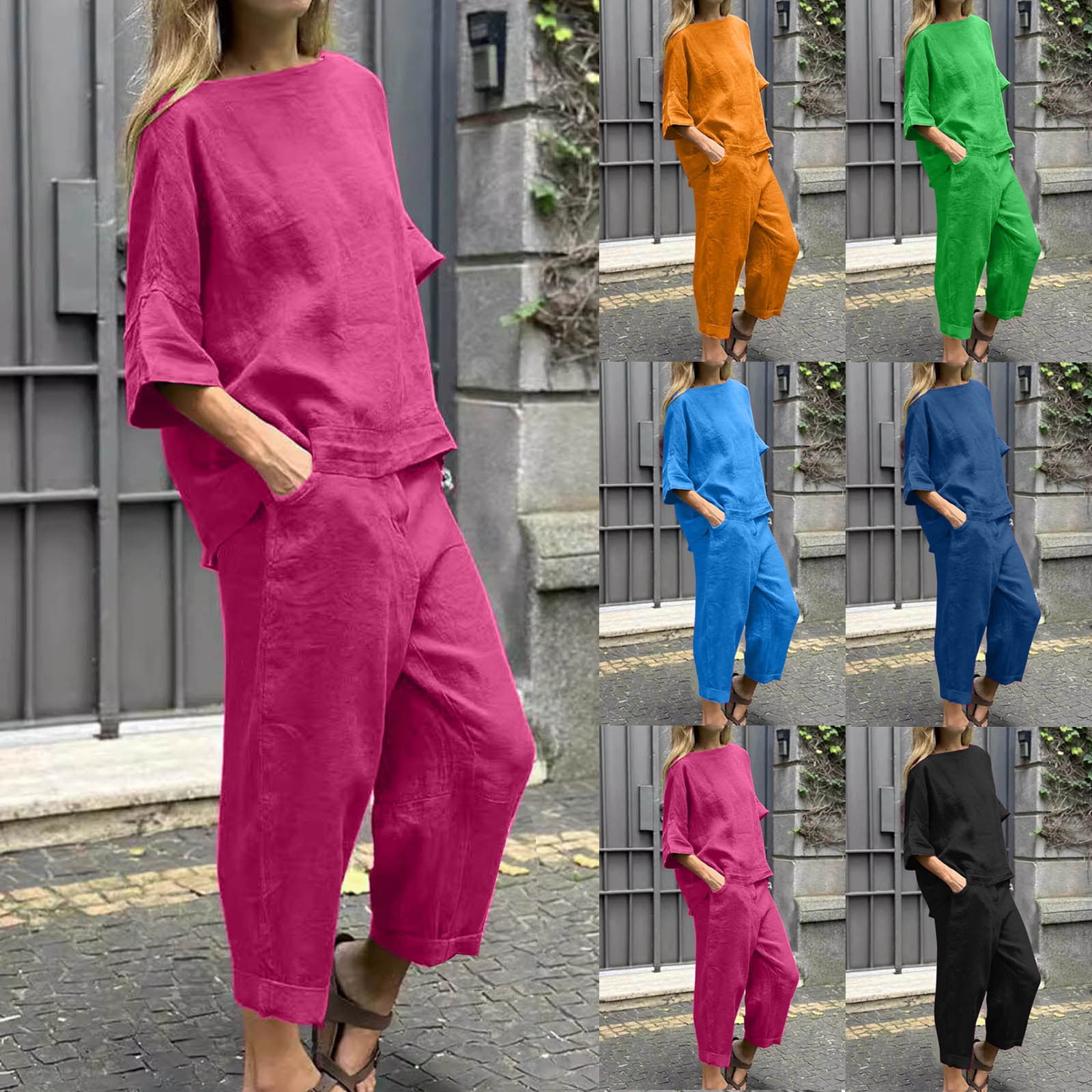 Dazajoo Womens Two Piece Linen Sets 3/4 Sleeve Blouse Top and Capri ...