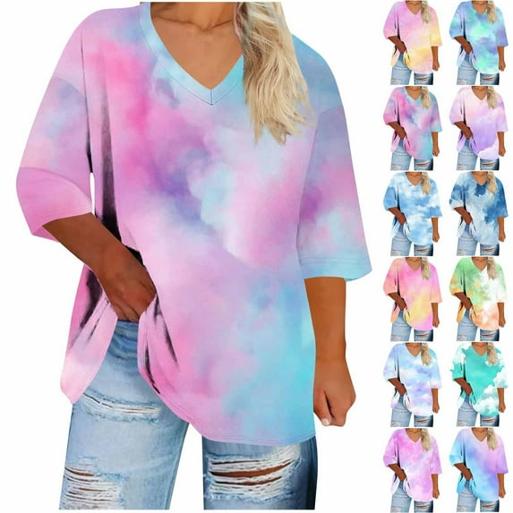 Dazajoo Womens V Neck Tie Dye Shirts Summer Plus Size 3/4 SleeveTops ...