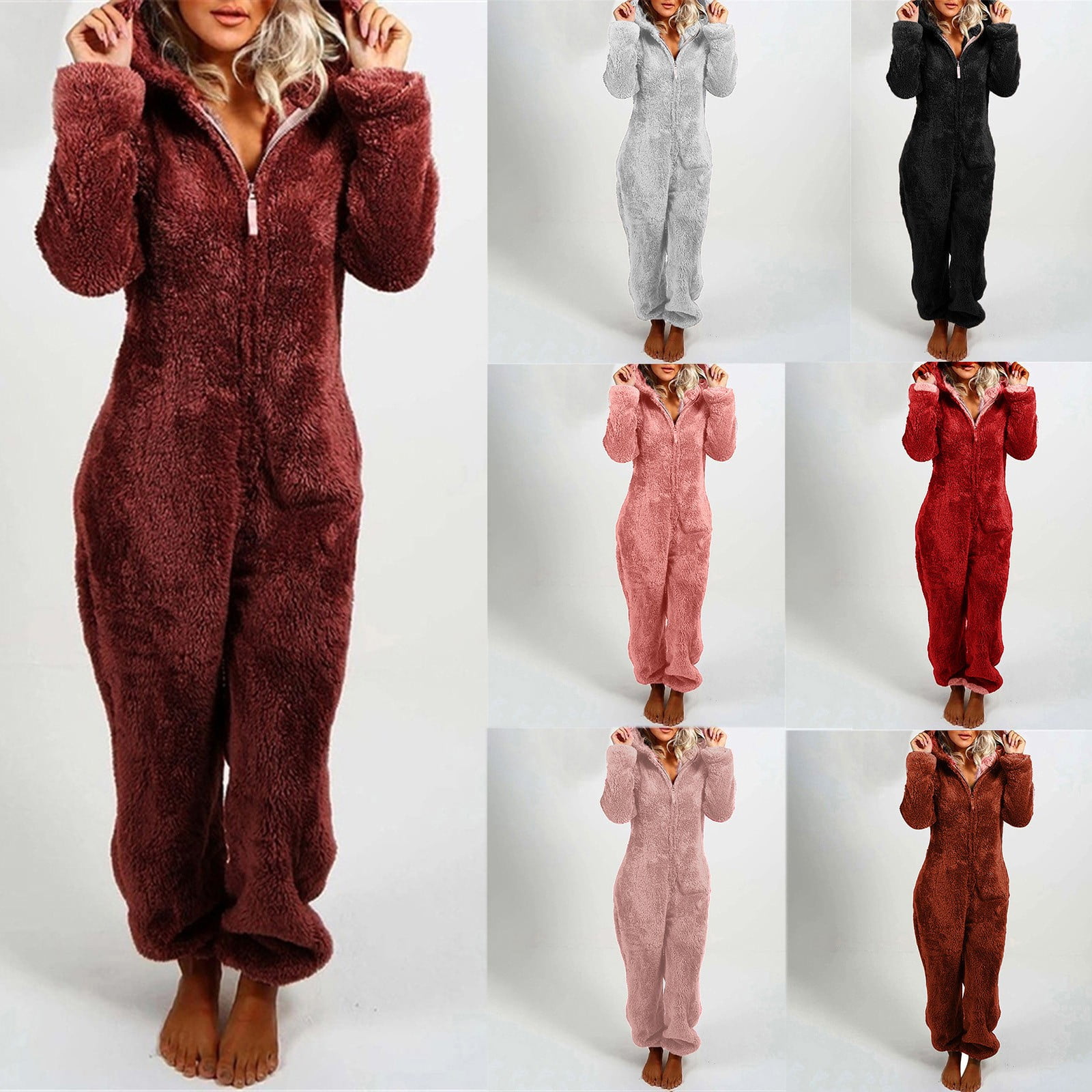 Dazajoo Womens Plus Size Fuzzy Fleece Jumpsuits Cute Cat Ears Zipper ...