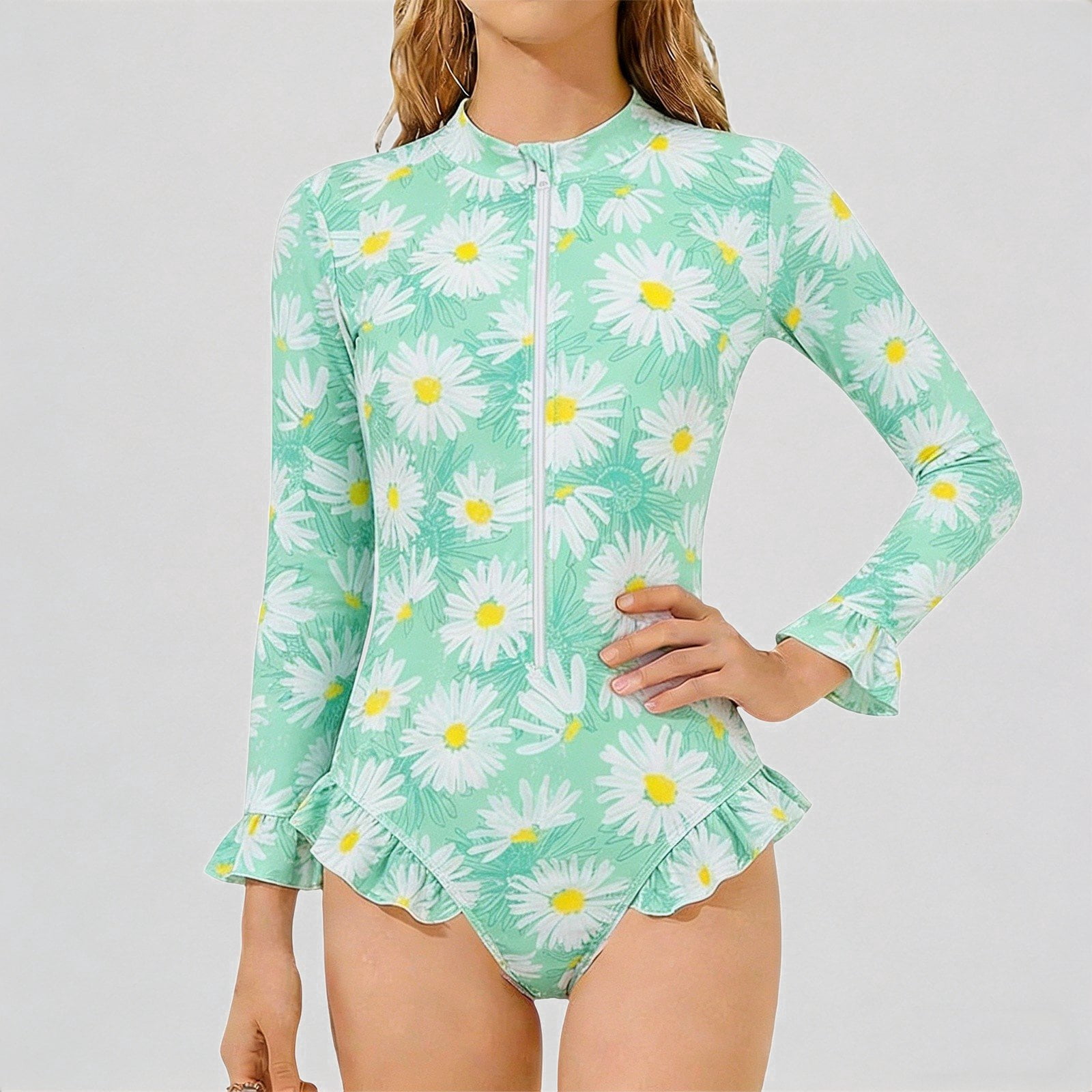 Daznico Daisy Floral Print Long Sleeve Girls One Piece Rash Guard ...