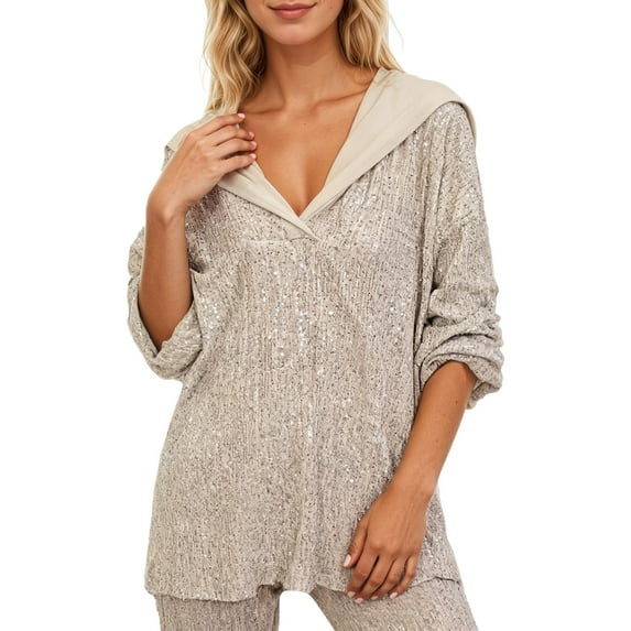 Daznico Elegant Loose Fit Hoodie with Sparkling Sequins Drop Shoulder ...