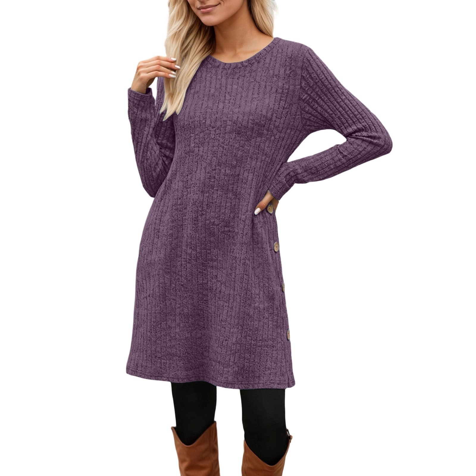 Daznico Knitted Sweater Dress Casual Long Sleeve Round Neck Flowy ...