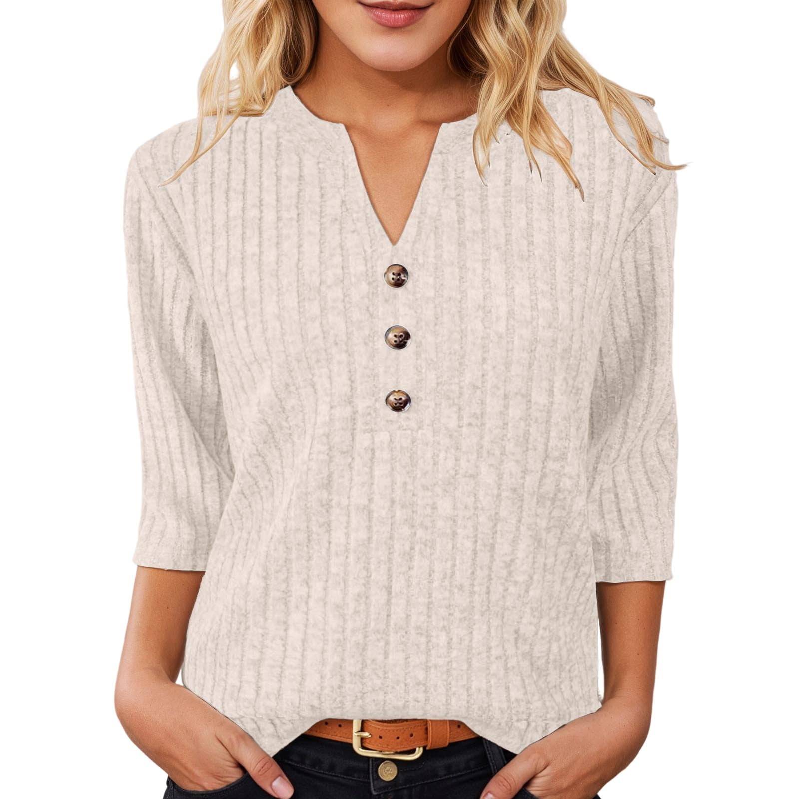 Daznico Long Sleeve Ribbed T Shirt Button Down Collar Elegant Blouse ...