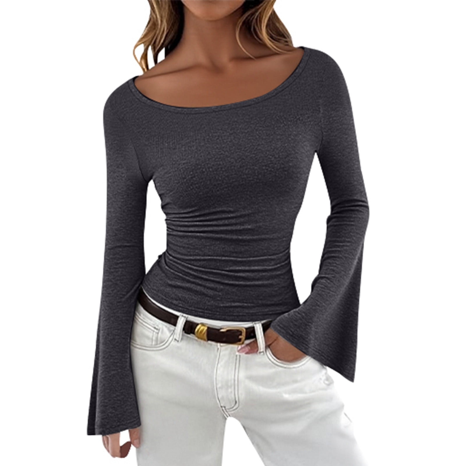 Daznico Off Shoulder Crop Top Casual Sleeve Ribbed Ruffle Detail Blouse ...